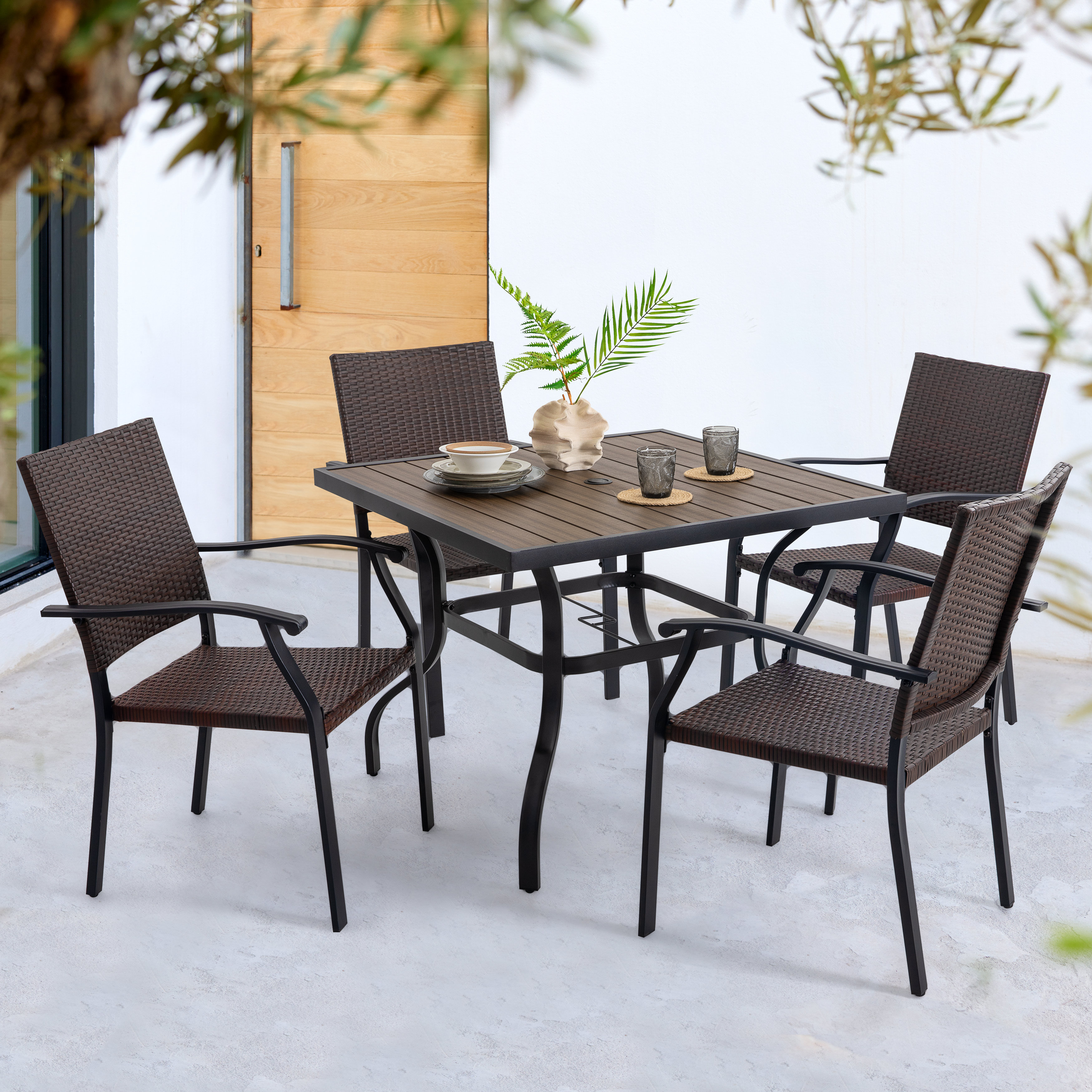 Lark Manor™ 5pcs Patio Wicker Dining Set With Faux Wood Tabletop And ...