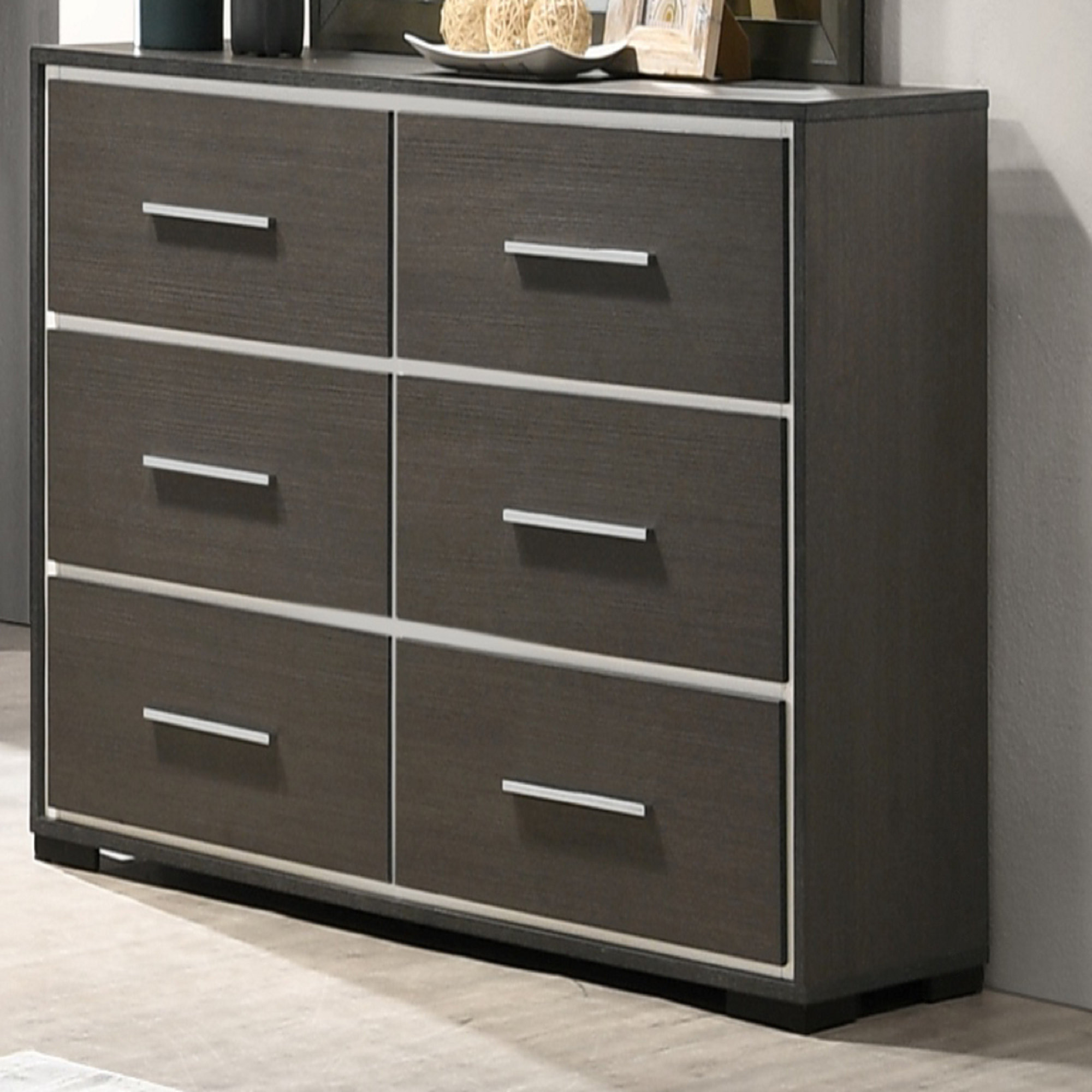 Latitude Run® 1pc Contemporary 6-Drawer Dresser with Chrome Accents Gray Rustic Finish Bedroom ...