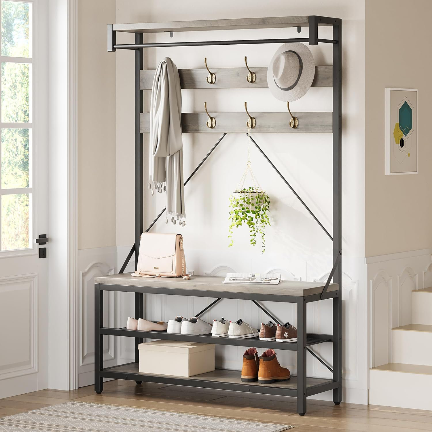 AGROTECH AVS Coat Rack Shoe Bench Industrial Hall Tree Storage Bench for Entryway Wood Look ...