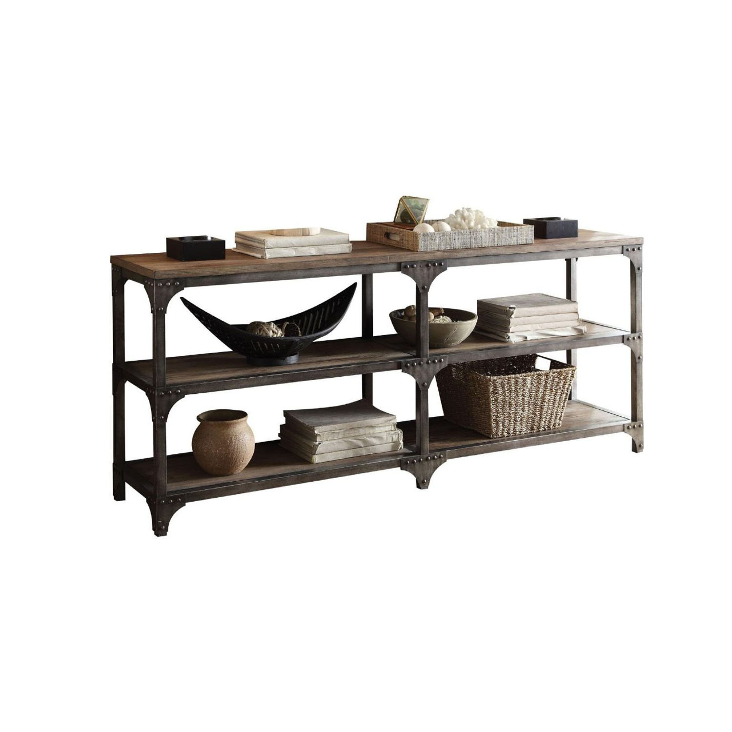 Williston Forge 72 Inches Console Table With 2 Shelves In Weathered Oak ...