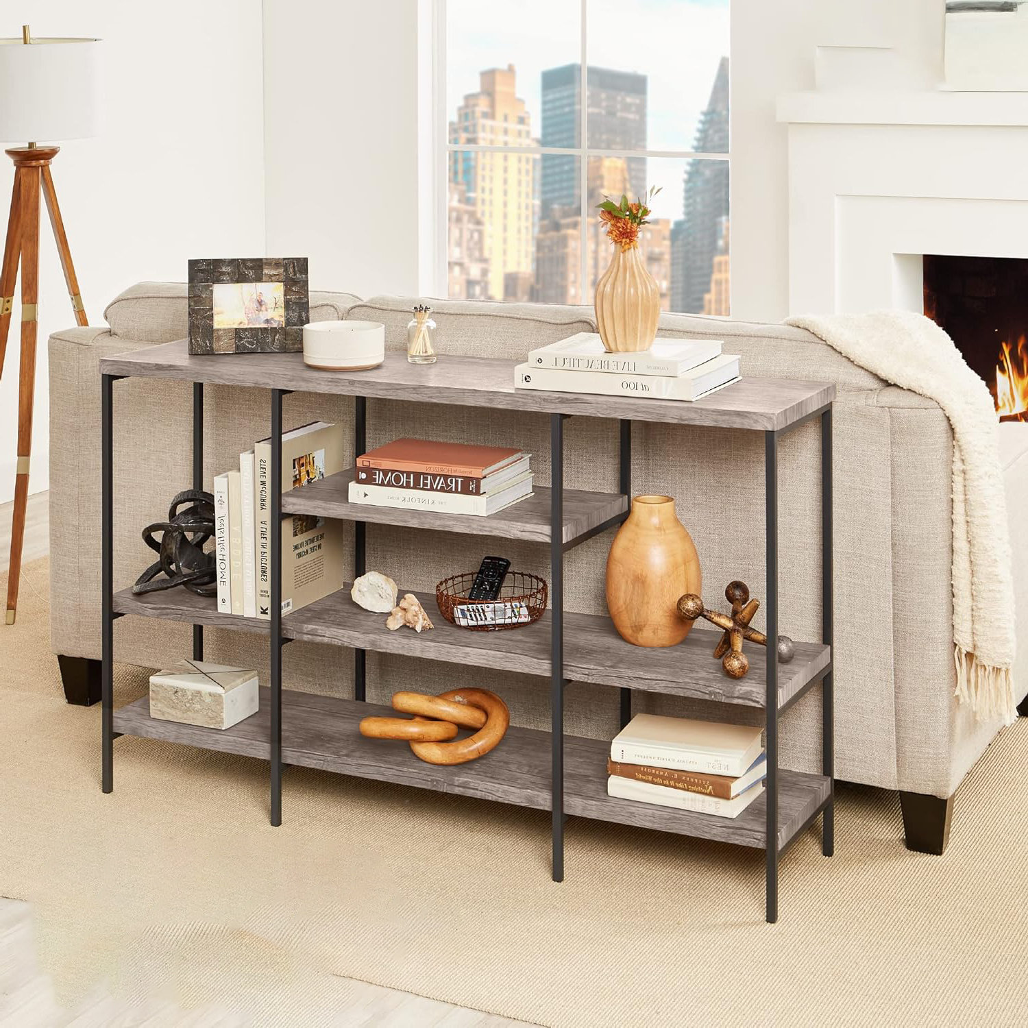17 Stories 4-Tier 55in Rustic Large Console Table Non-Scratch Feet ...