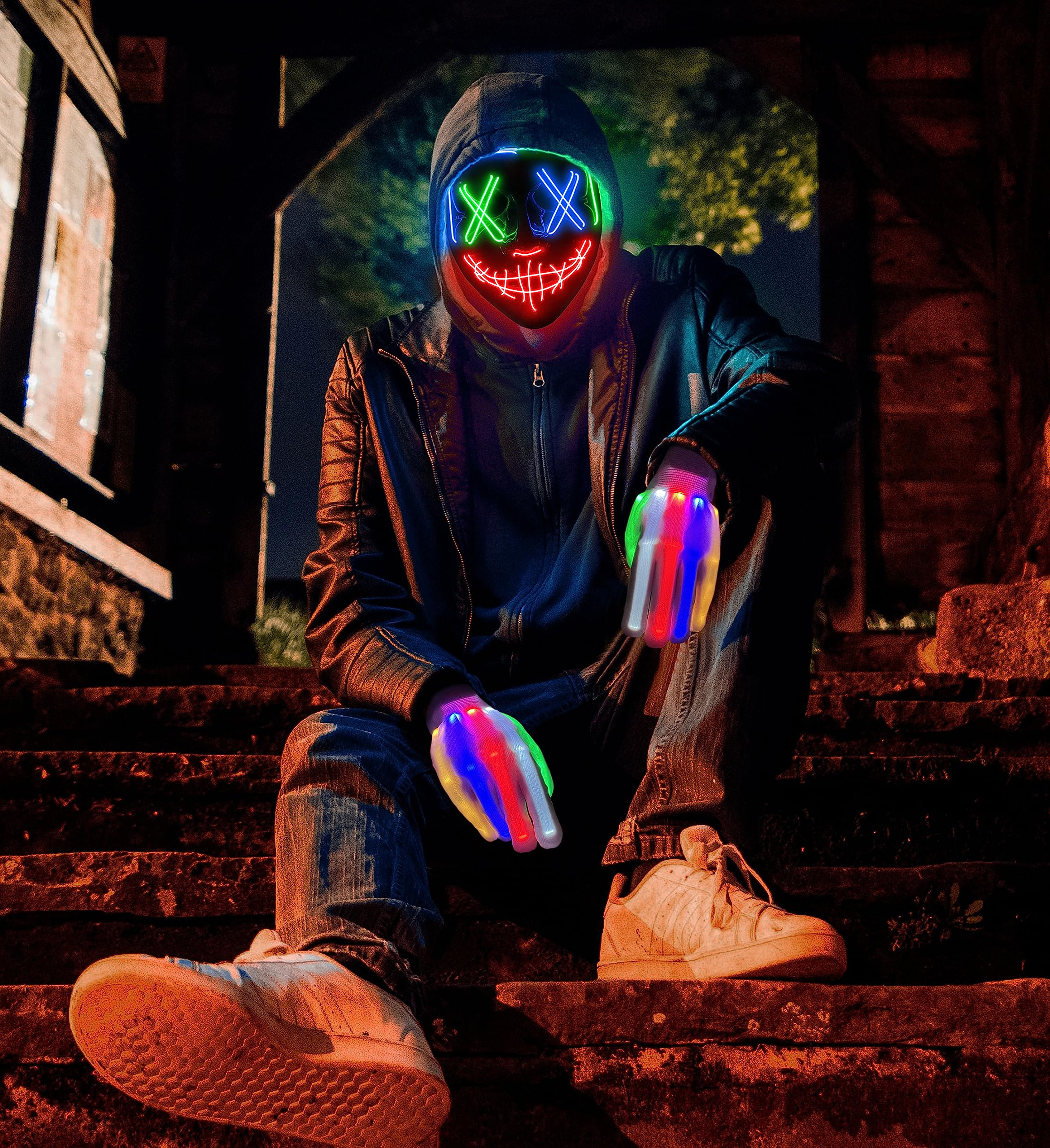 The Holiday Aisle® Halloween Mask Skeleton Gloves Set, Light Up Scary ...