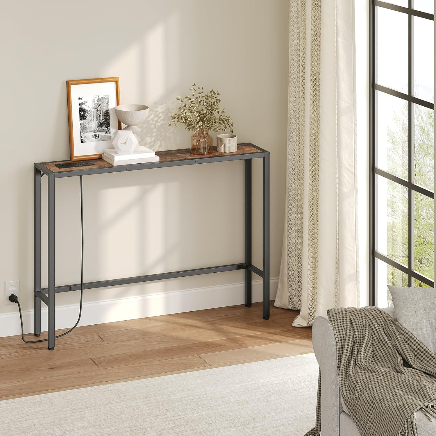17 Stories Narrow Console Sofa Table With Charging Station Skinny ...