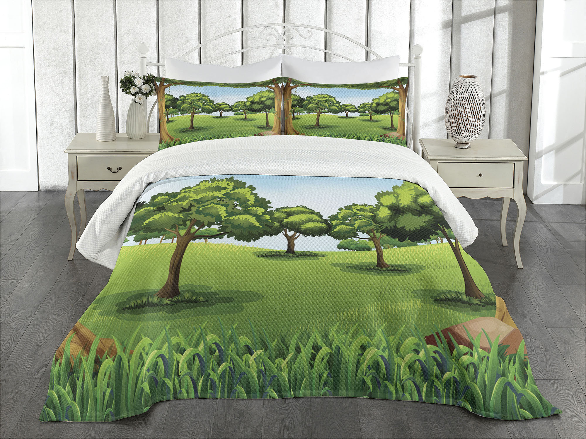 Ambesonne Forest Bedspread Set Nature Scene Summer Green Pale Blue ...