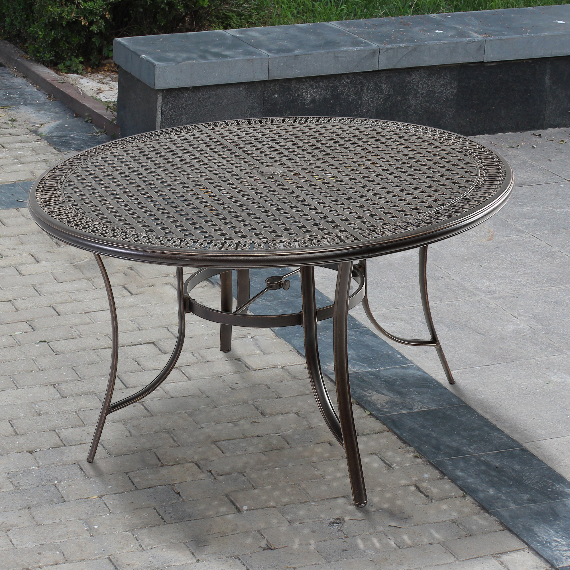 Darby Home Co Round Cast Aluminum Bar-Height Dining Table With Umbrella ...