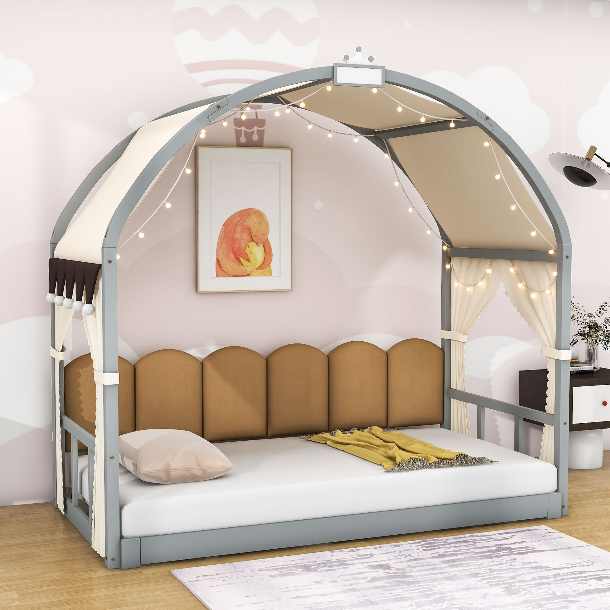 Lark Manor Twin Size Extended Bed with Integrated Tent, Light Strip ...