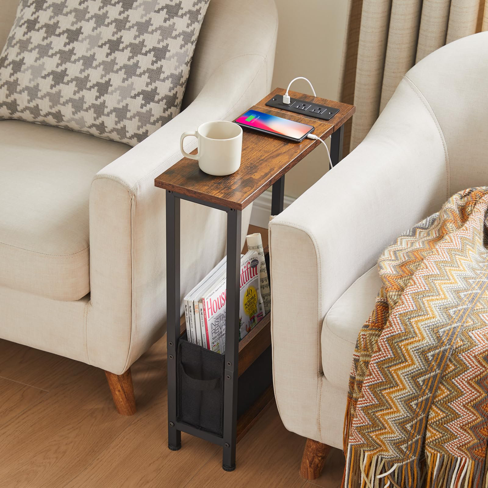 17 Stories Slim Charging End Table With Storage - For Small Spaces And ...