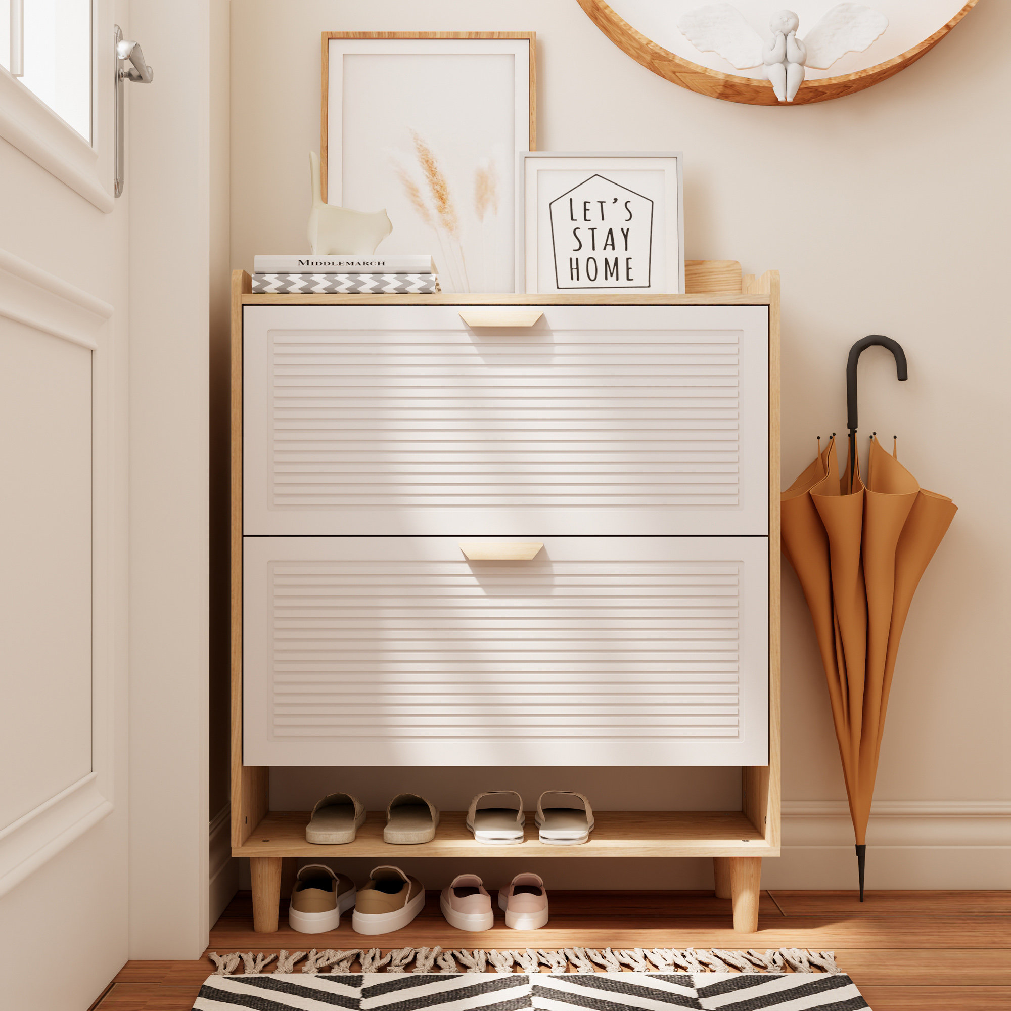 Latitude Run® Freestanding shoe cabinet with 2 flip-up drawers and open ...