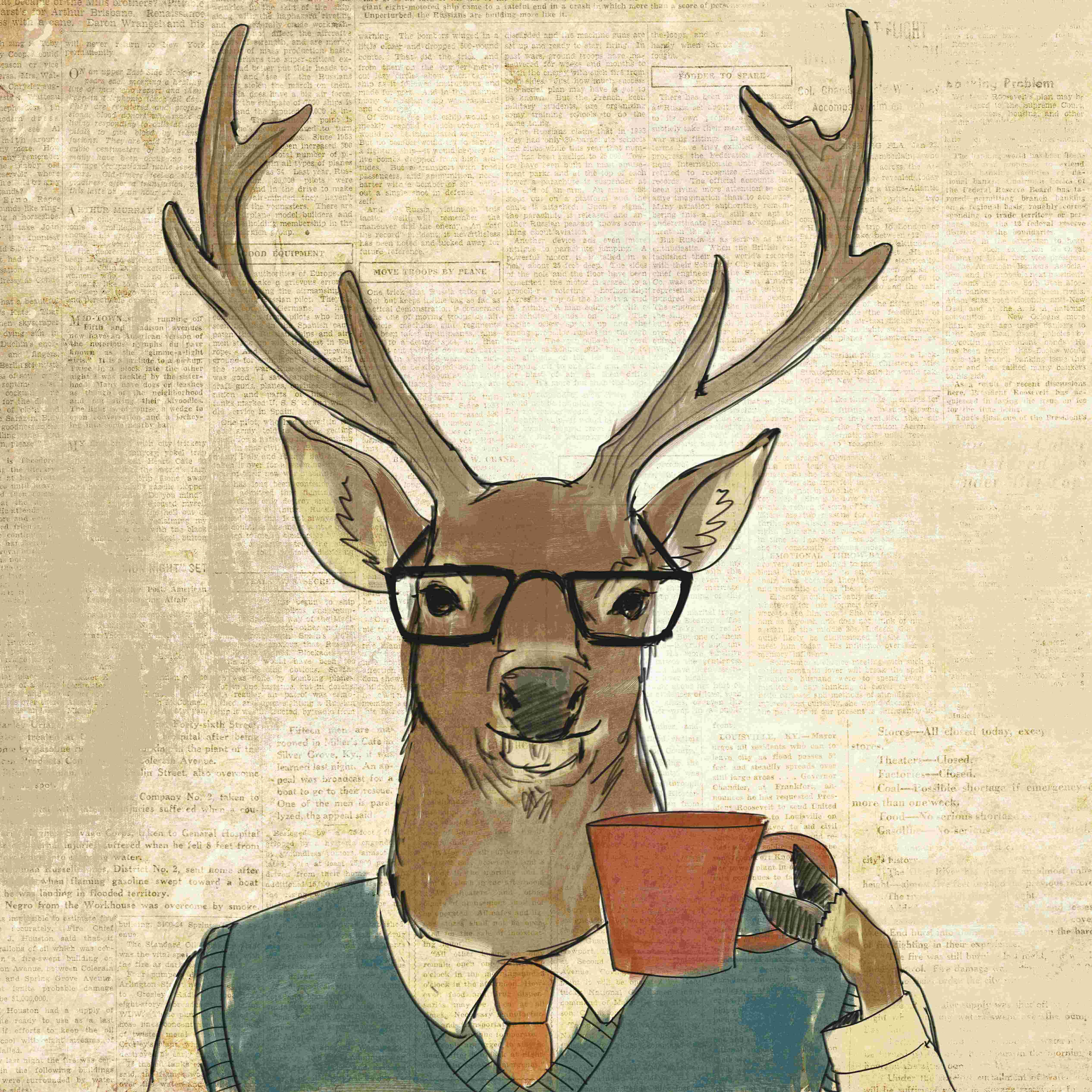 Trinx Hipster Deer Coffee - Wrapped Canvas Painting | Wayfair