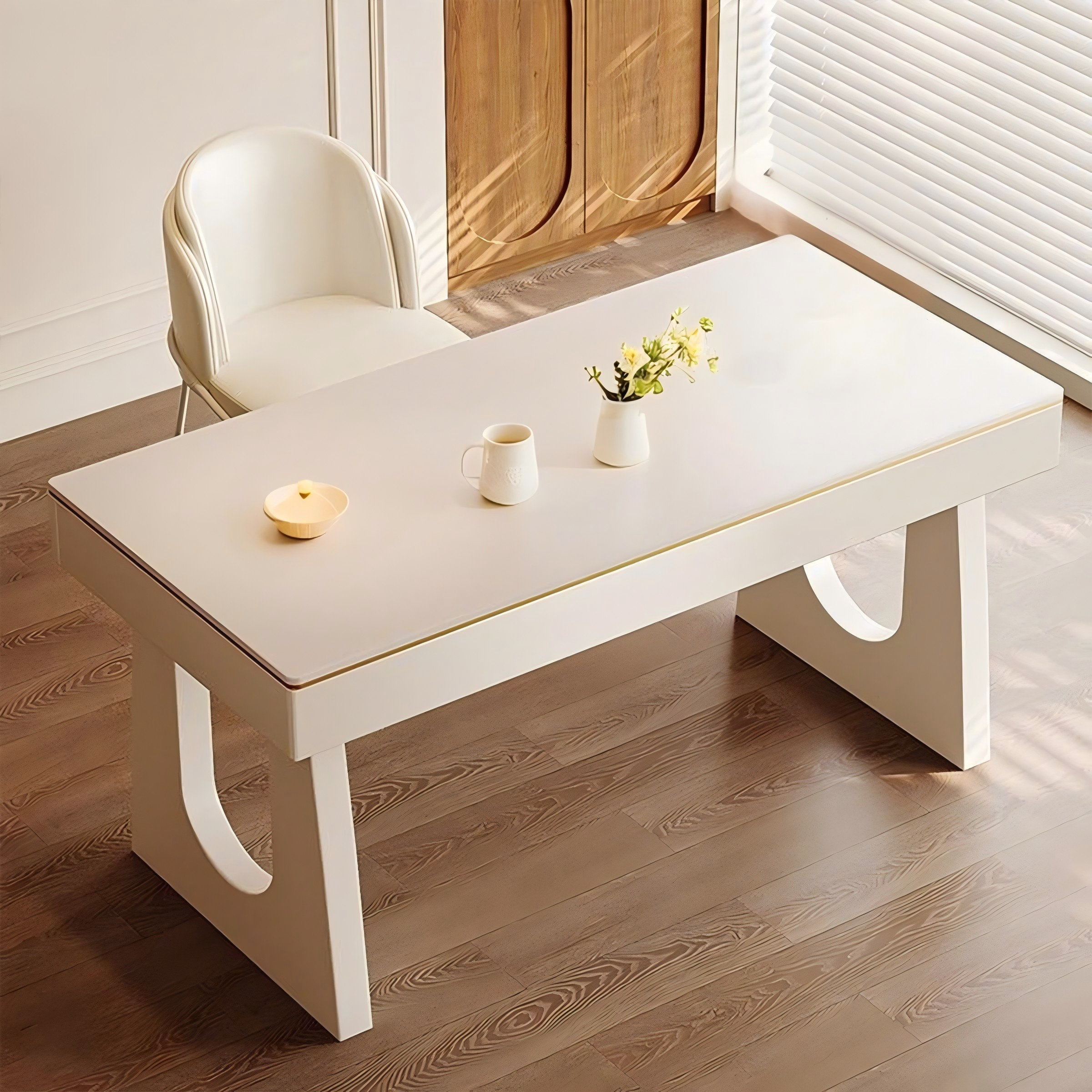 Hokku Designs Beige Rectangle Sintered Stone Writing Desk,2-drawer ...