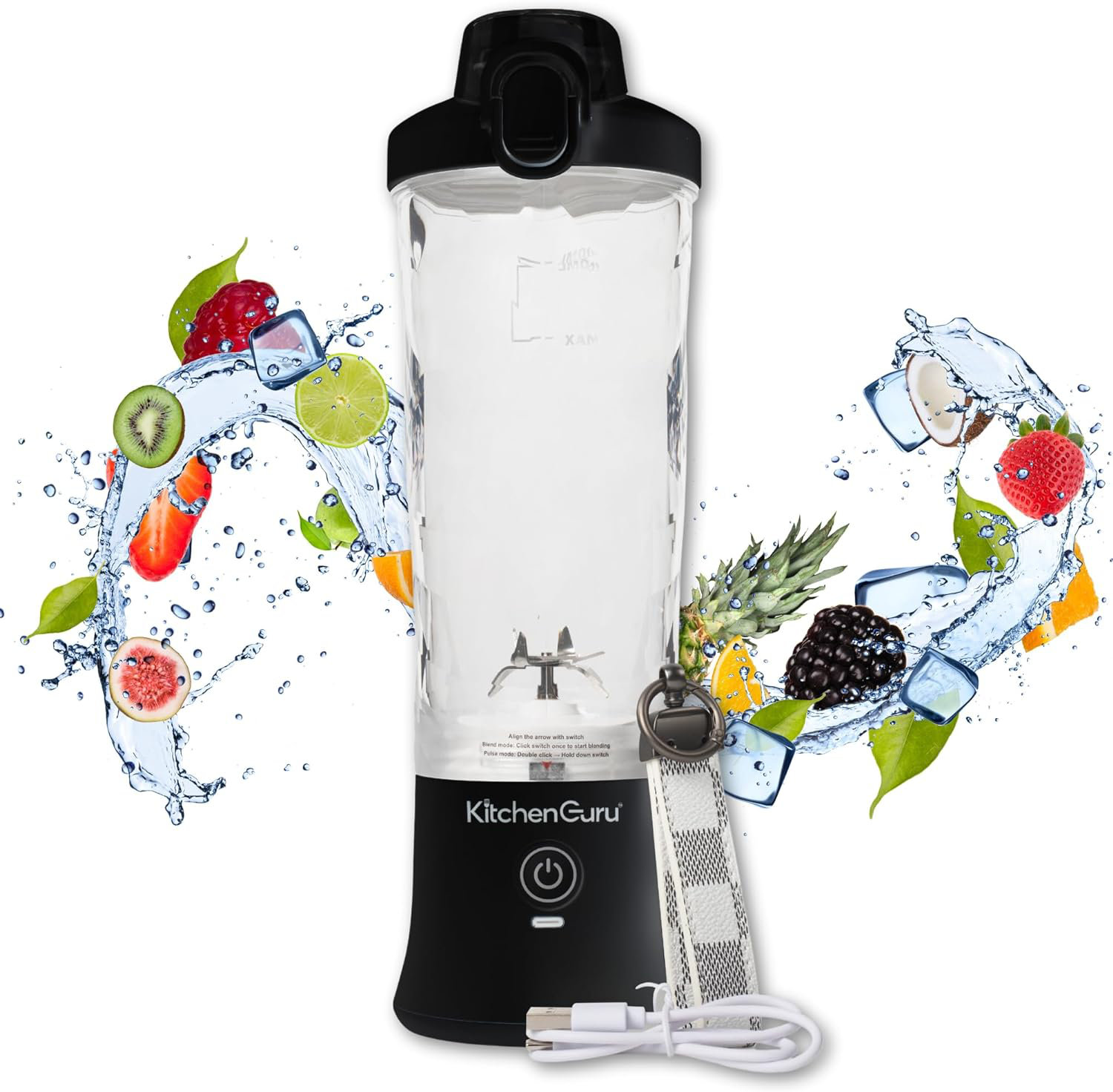 Kitchen Guru Elite Rechargeable Travel Blender: 240W Personal Smoothie Maker With 6-Leaf Blade ...
