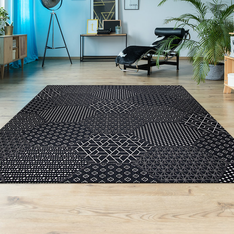 George Oliver Griess Geometric Flatweave Black Indoor Outdoor Area Rug ...