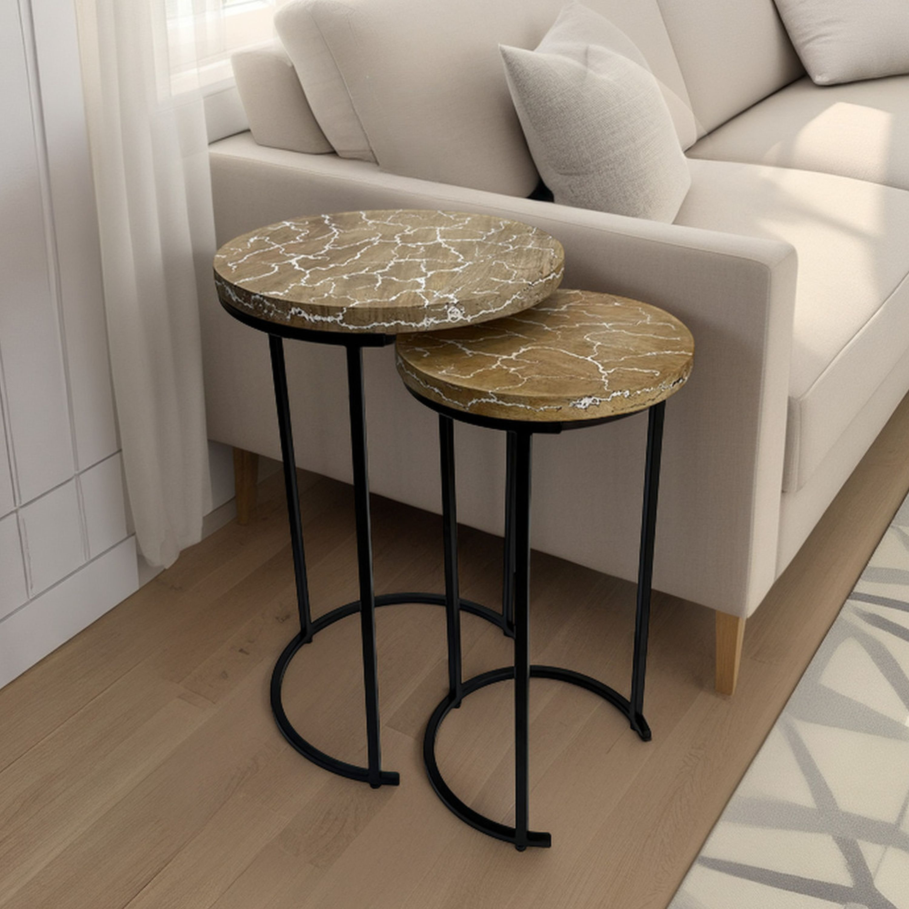 17 Stories Electra Round Nesting Accent Table Set - Mango Wood Table ...