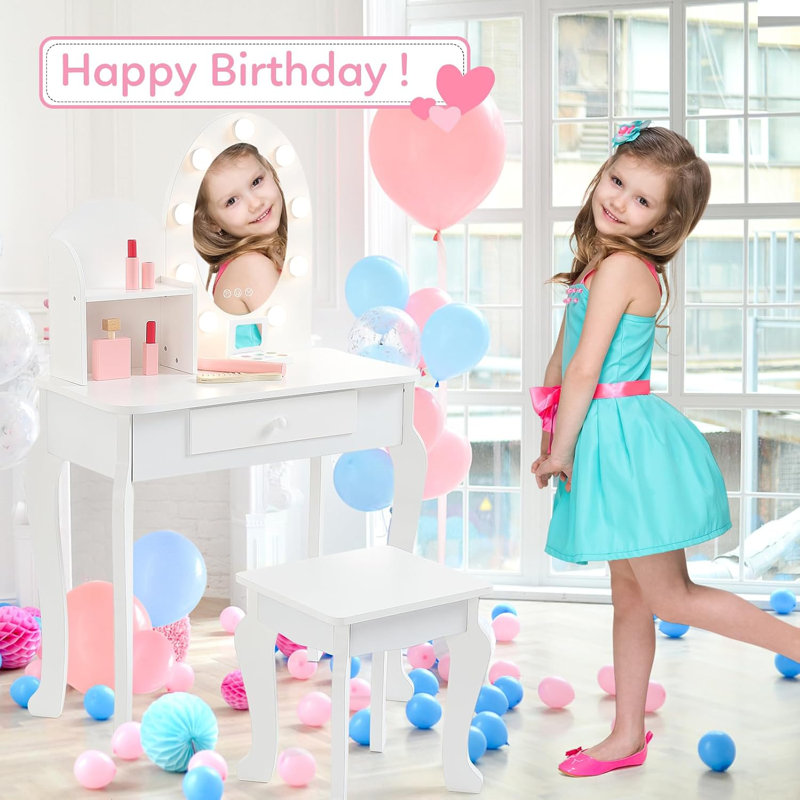 Harriet Bee Kids' Vanity Table with Lighted Mirror & Stool, Wooden ...