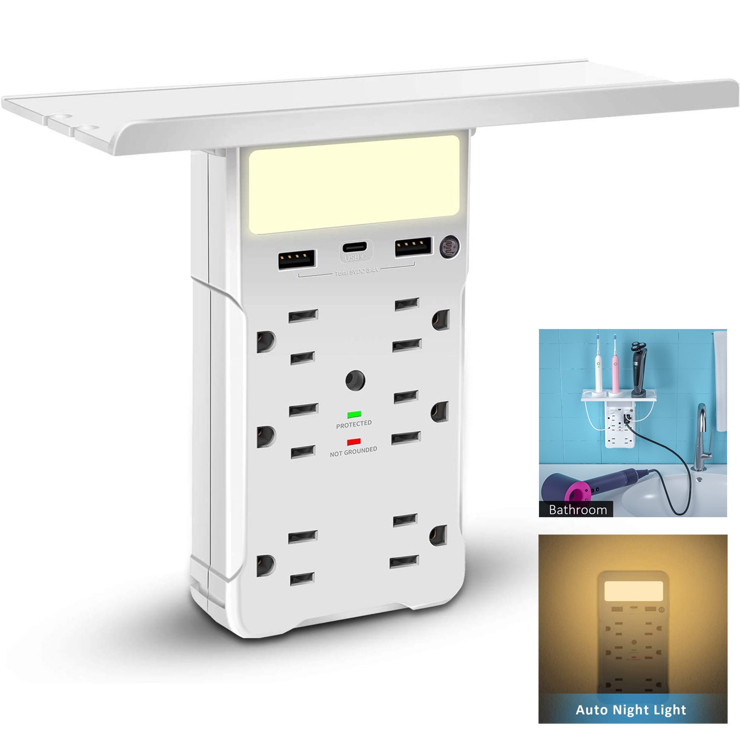 Exgreem Wall Outlet Shelf Outlet With Usb-c Charger And Nightlight 6 ...