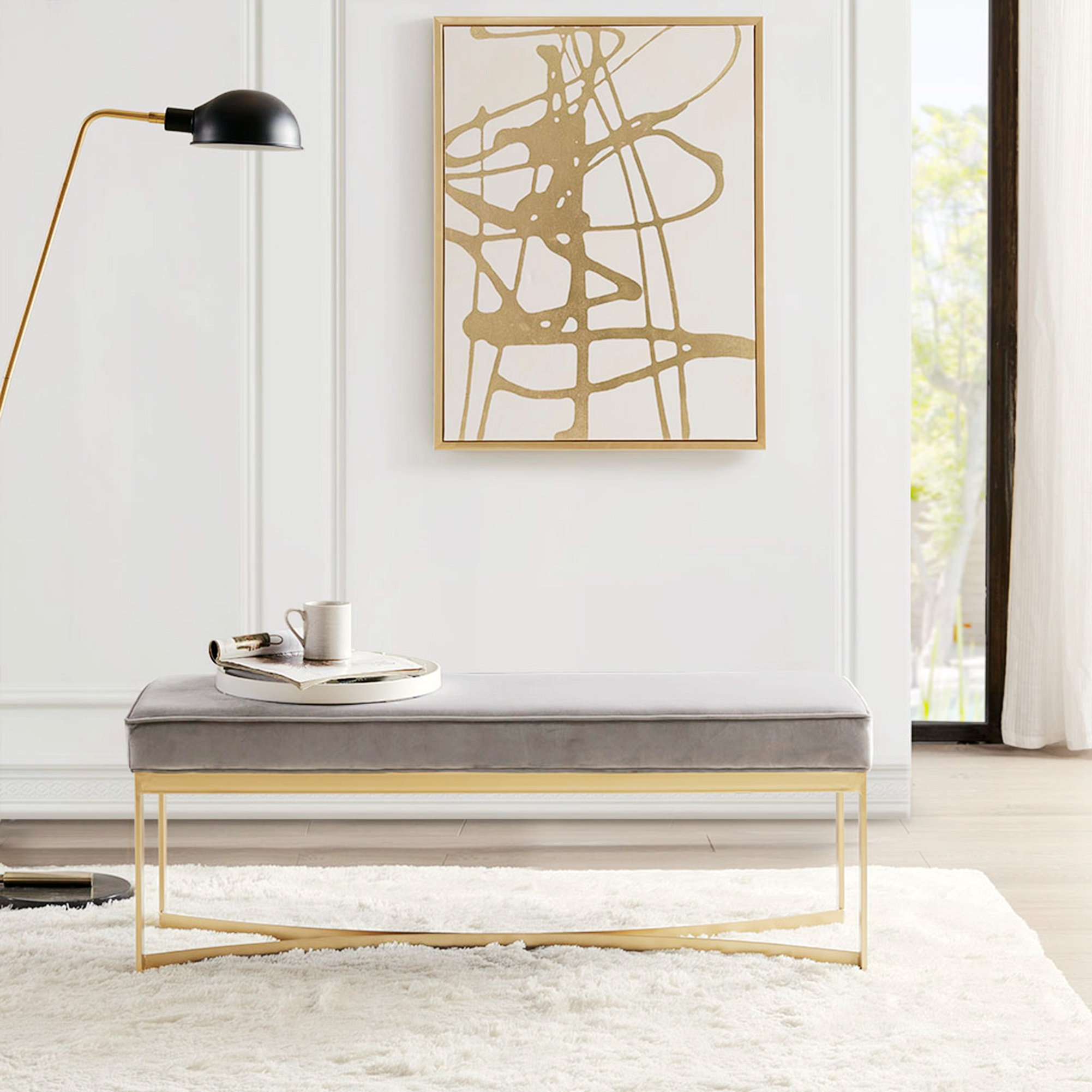 Everly Quinn Armless/Backless Bench With Cushioned Seat And Metal Base ...