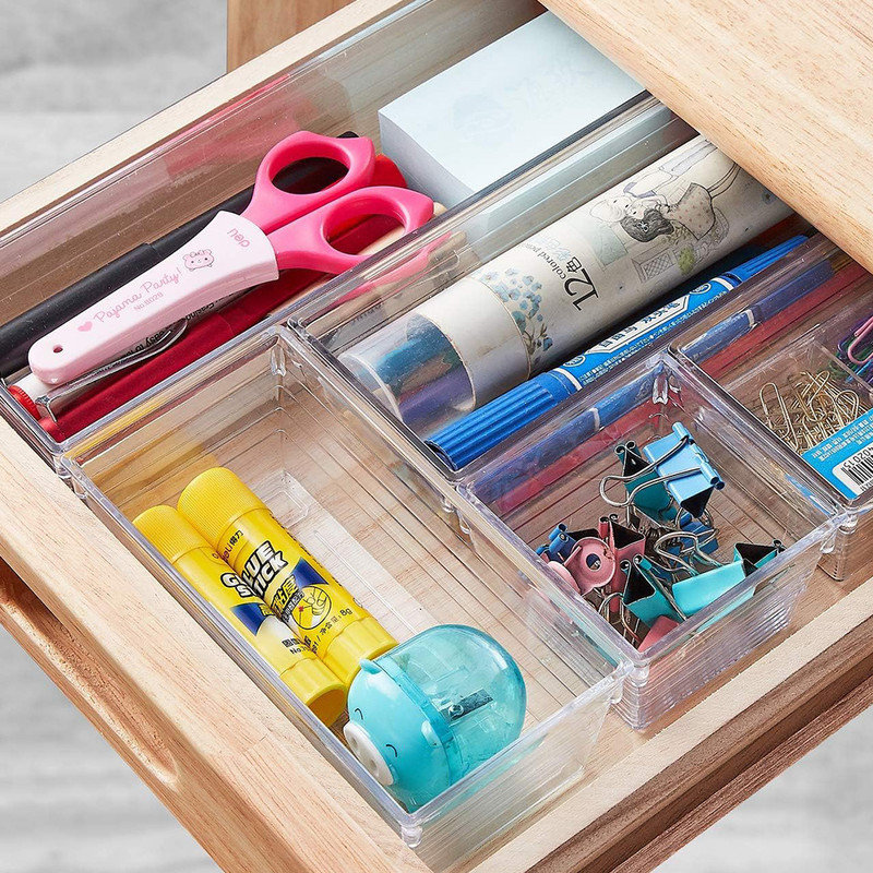 Rebrilliant 14 PCS Clear Plastic Drawer Organizer Tray, 4 Sizes Desk ...