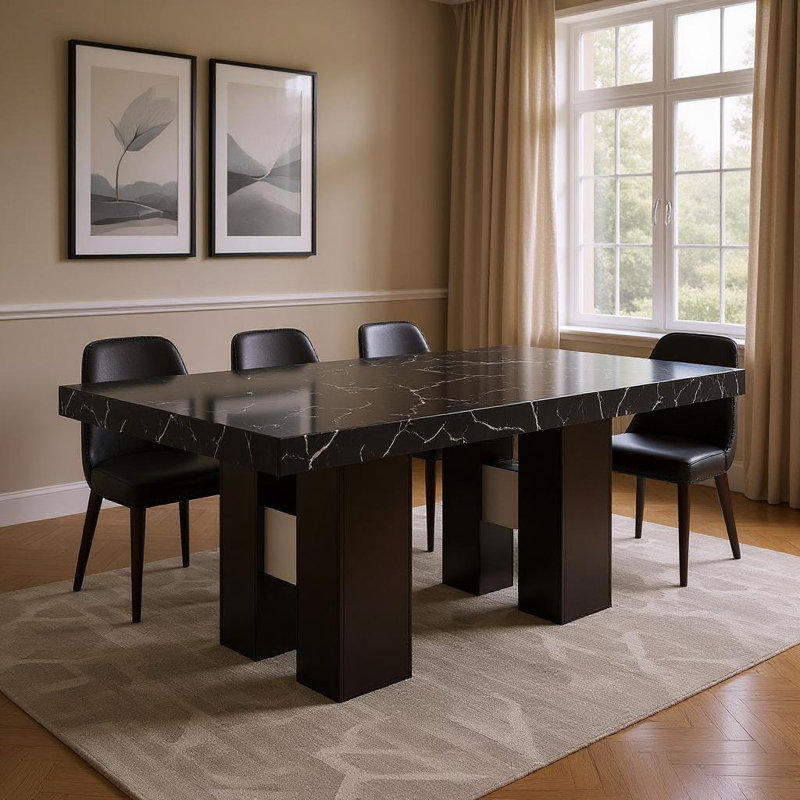 East Urban Home 70" Black Faux Marble and Wood Double Pedestal Base ...