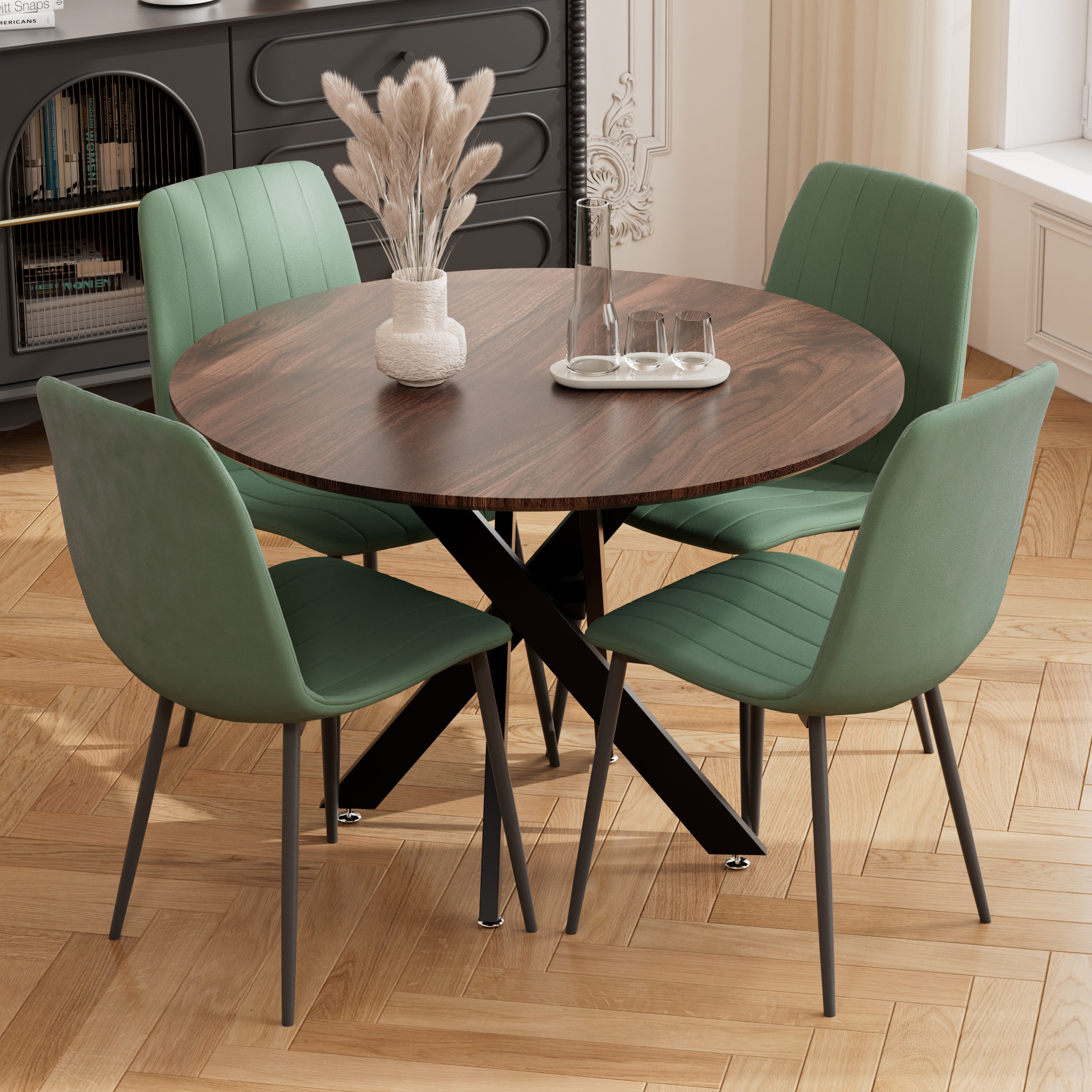 17 Stories 36in Round Dining Table Sets with Velvet Dining Chairs ...