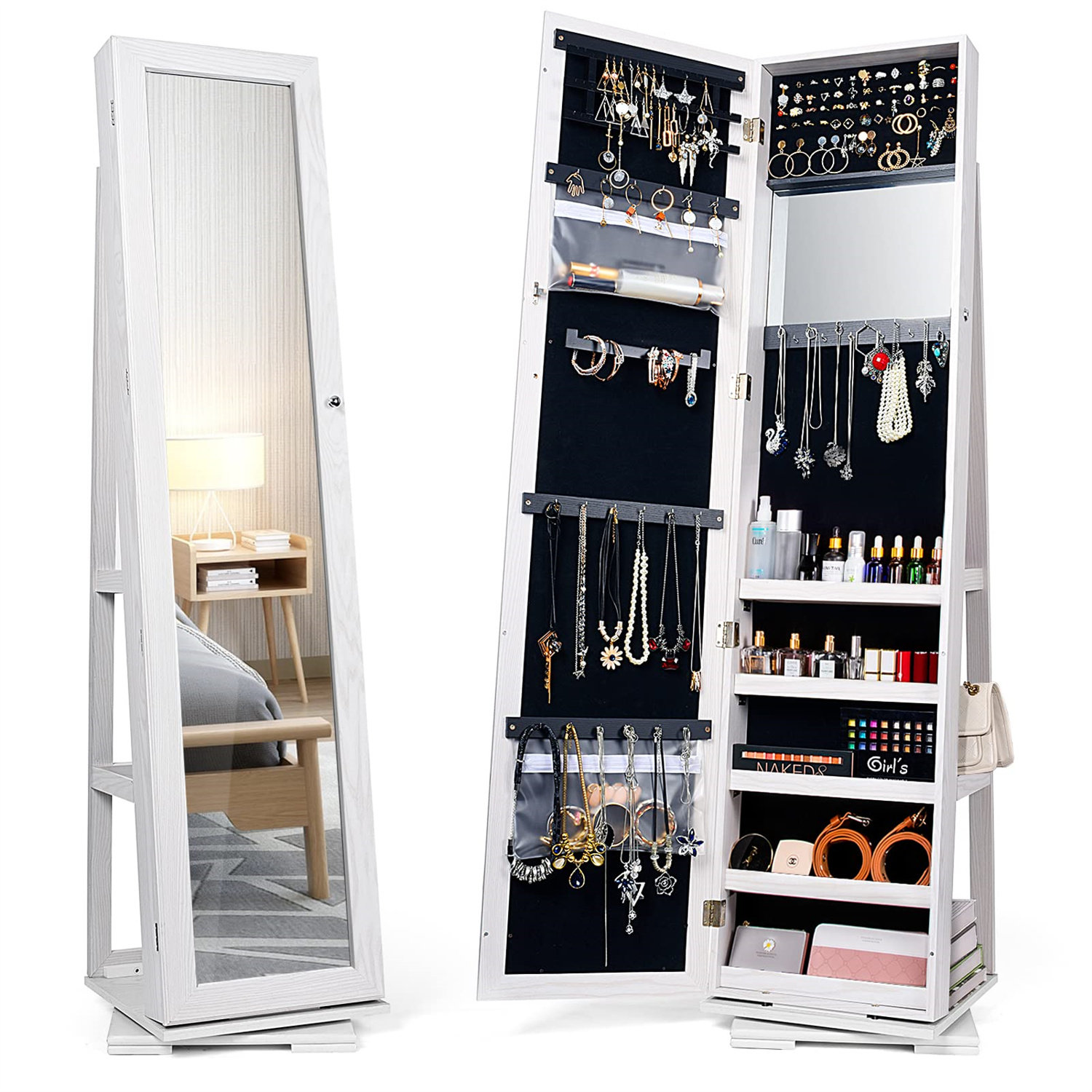 NIERBO Modern White Jewelry Armoire - 360 Rotating Mirror, Large ...