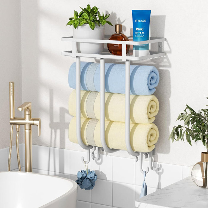 JASODI Wall Mounted Towel Rack with Metal Shelf & 4 Hanging Hooks ...