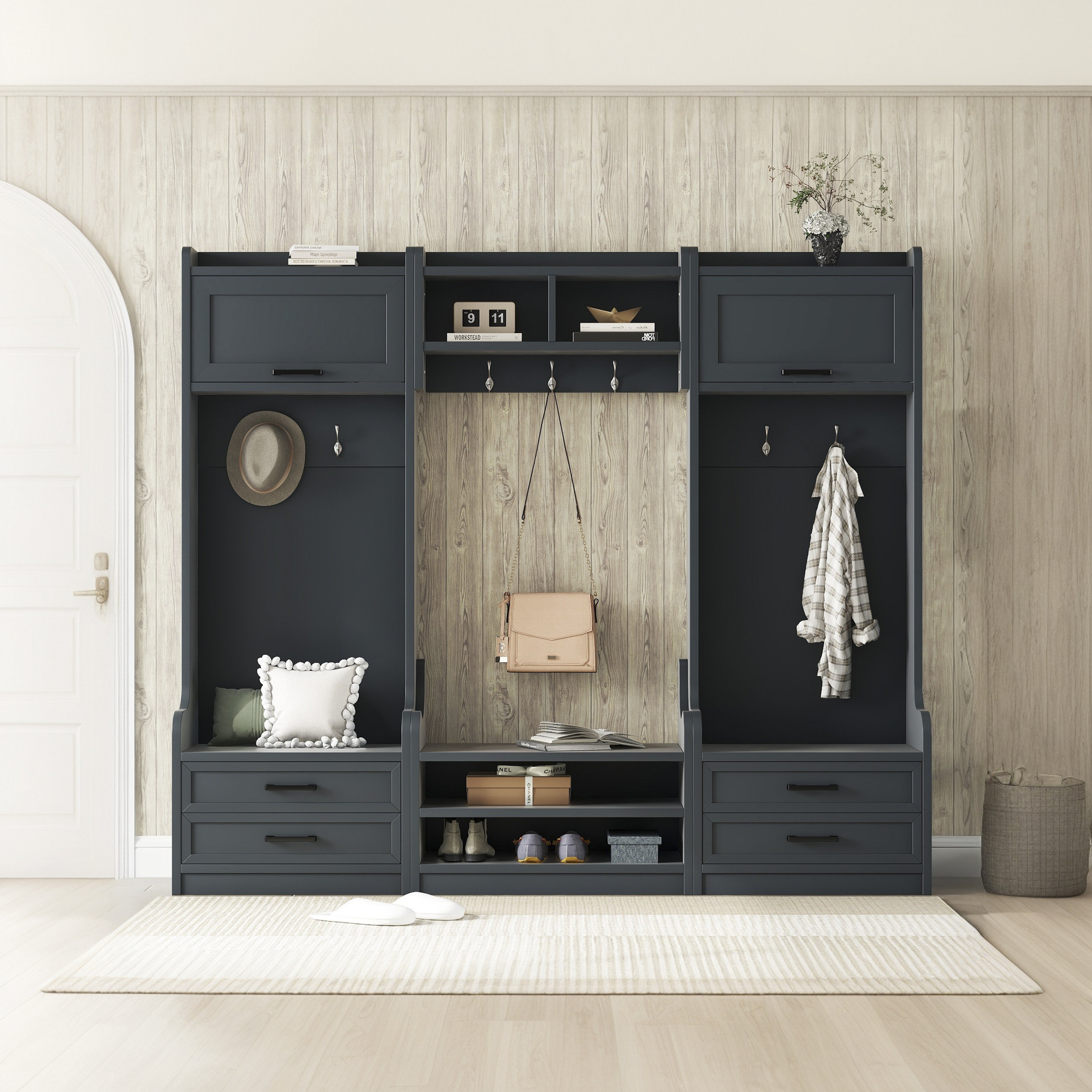 Hokku Designs 4-In-1 Hall Tree With Storage Drawers And Lockers, Hooks ...