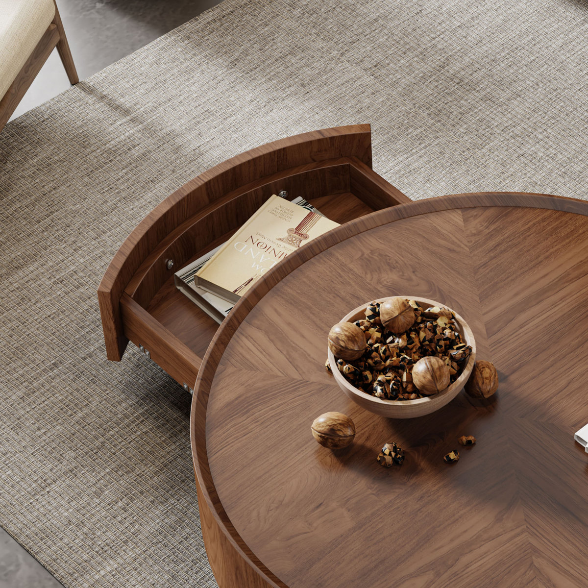 Millwood Pines Crantor Round Coffee Table with 2 Storage Drawers Walnut ...