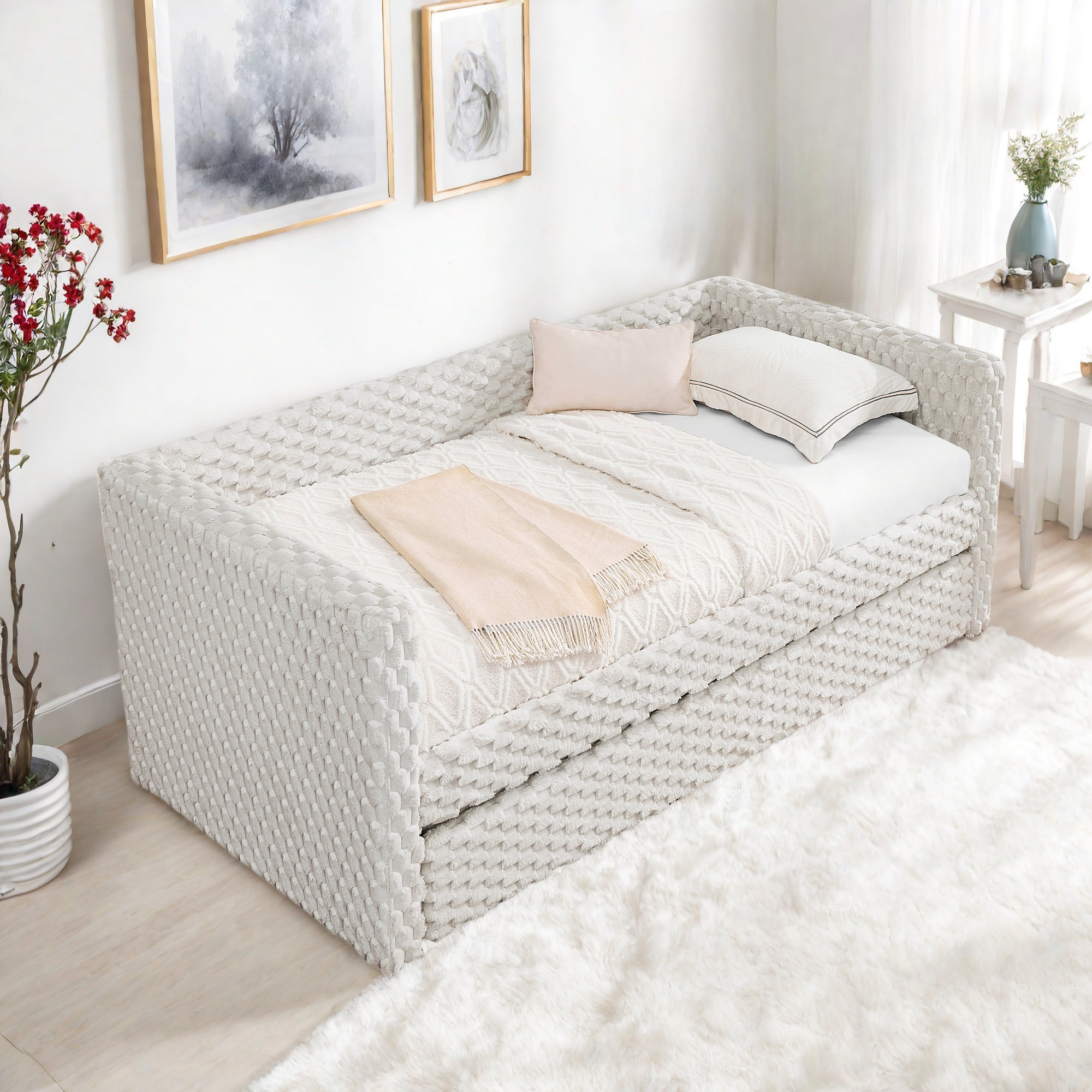 Everly Quinn Stylish Upholstered Daybed With Pull-out Trundle And Plaid ...