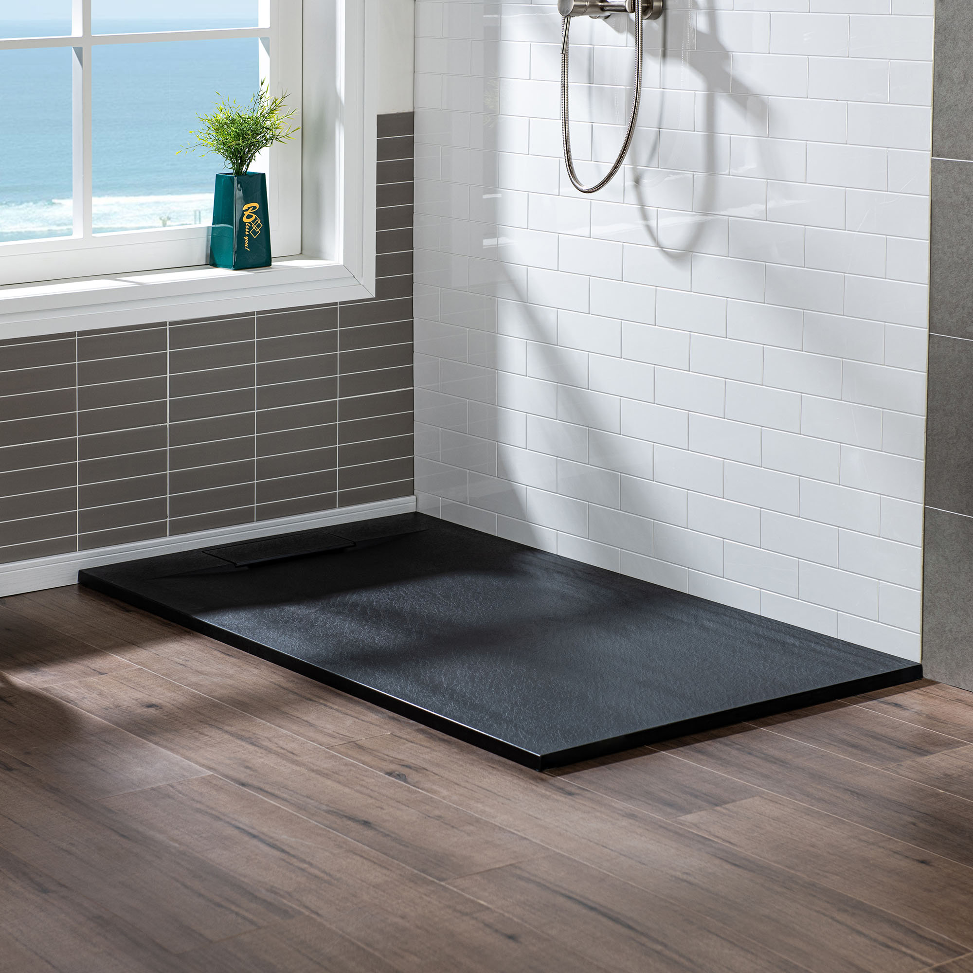 WoodBridge 59/60" W x 31.5" D Solid Surface Shower Base, Non-Slip, Low ...