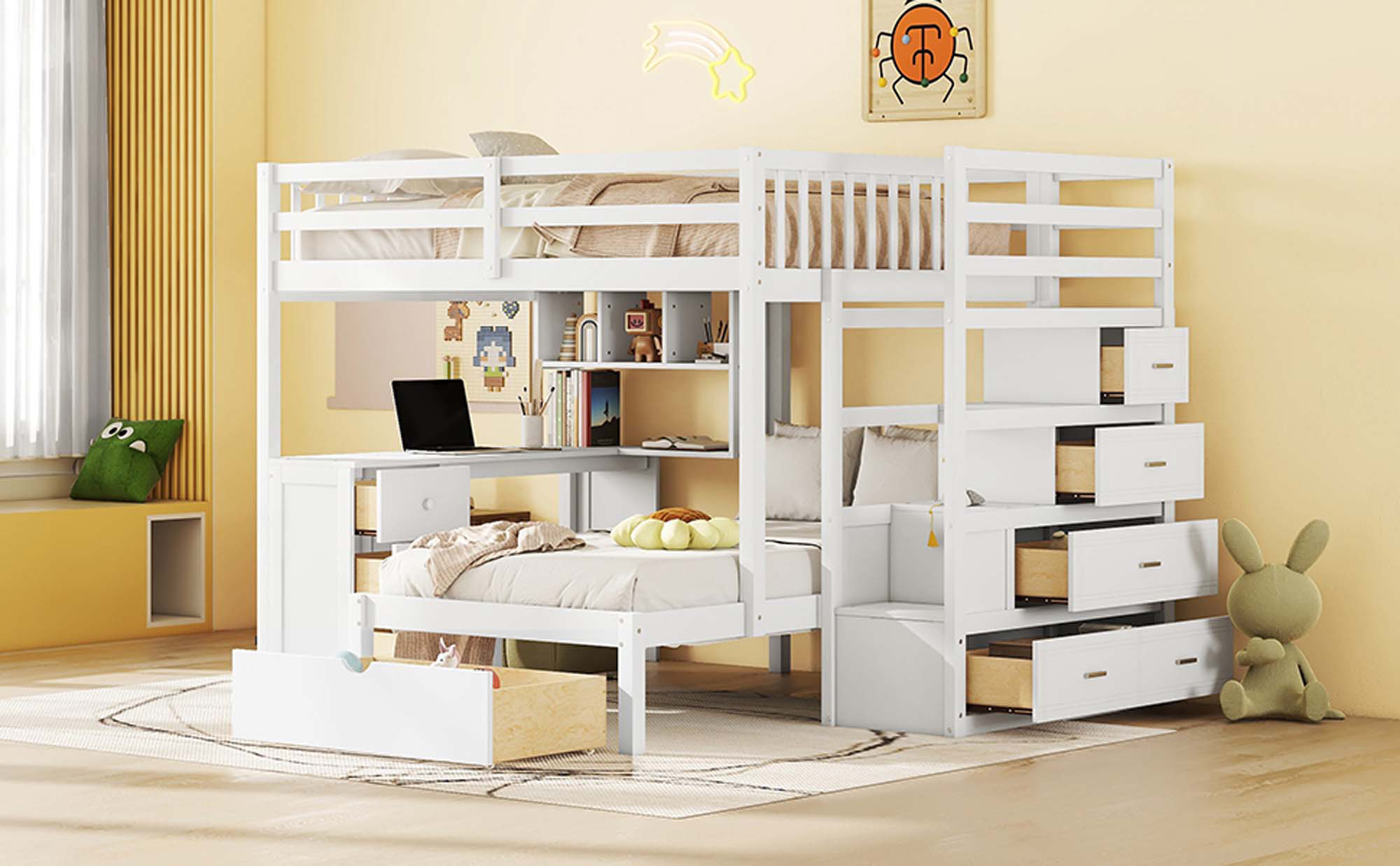 Harriet Bee Shauna L-Shaped Bunk Bed with Desk, Drawers and Stairs ...