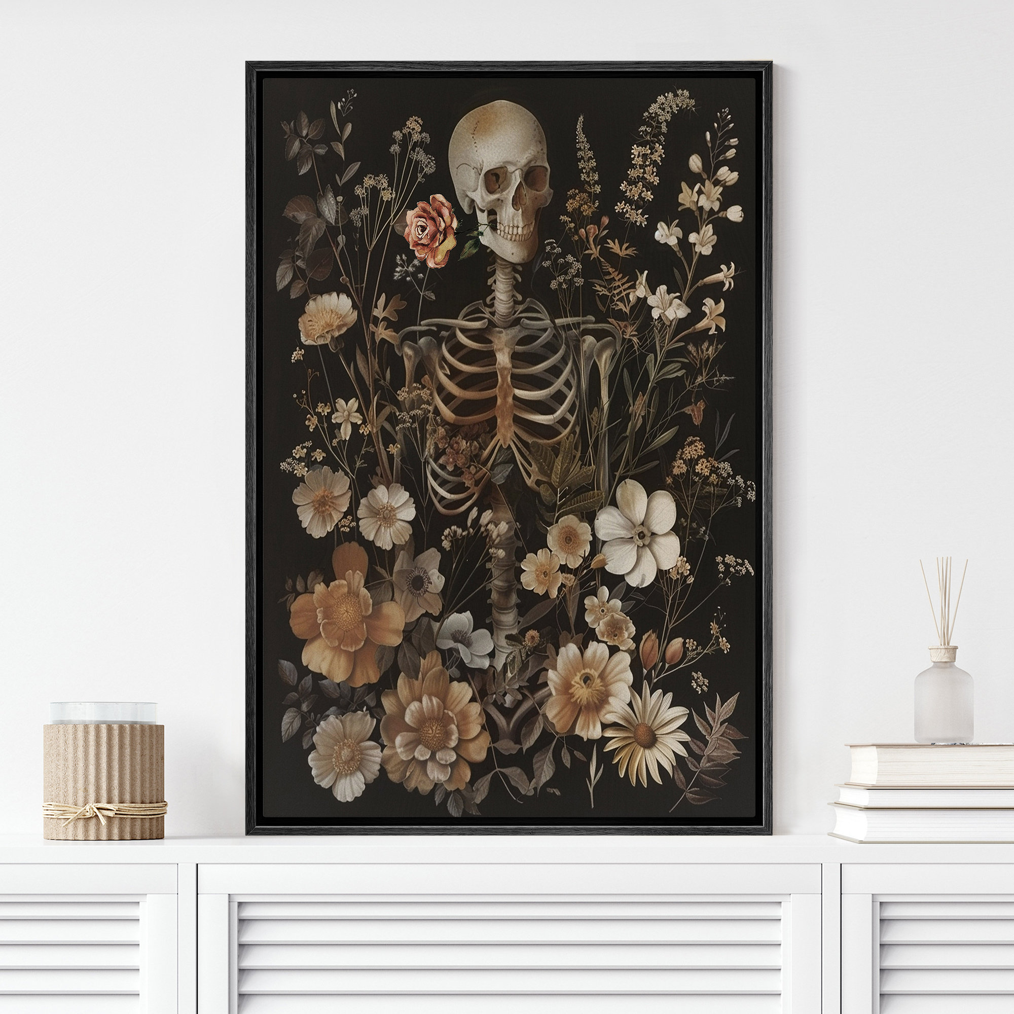 wall26 Moody Gothic Human Skull Sketelon Dark Floral Botanical Artwork ...