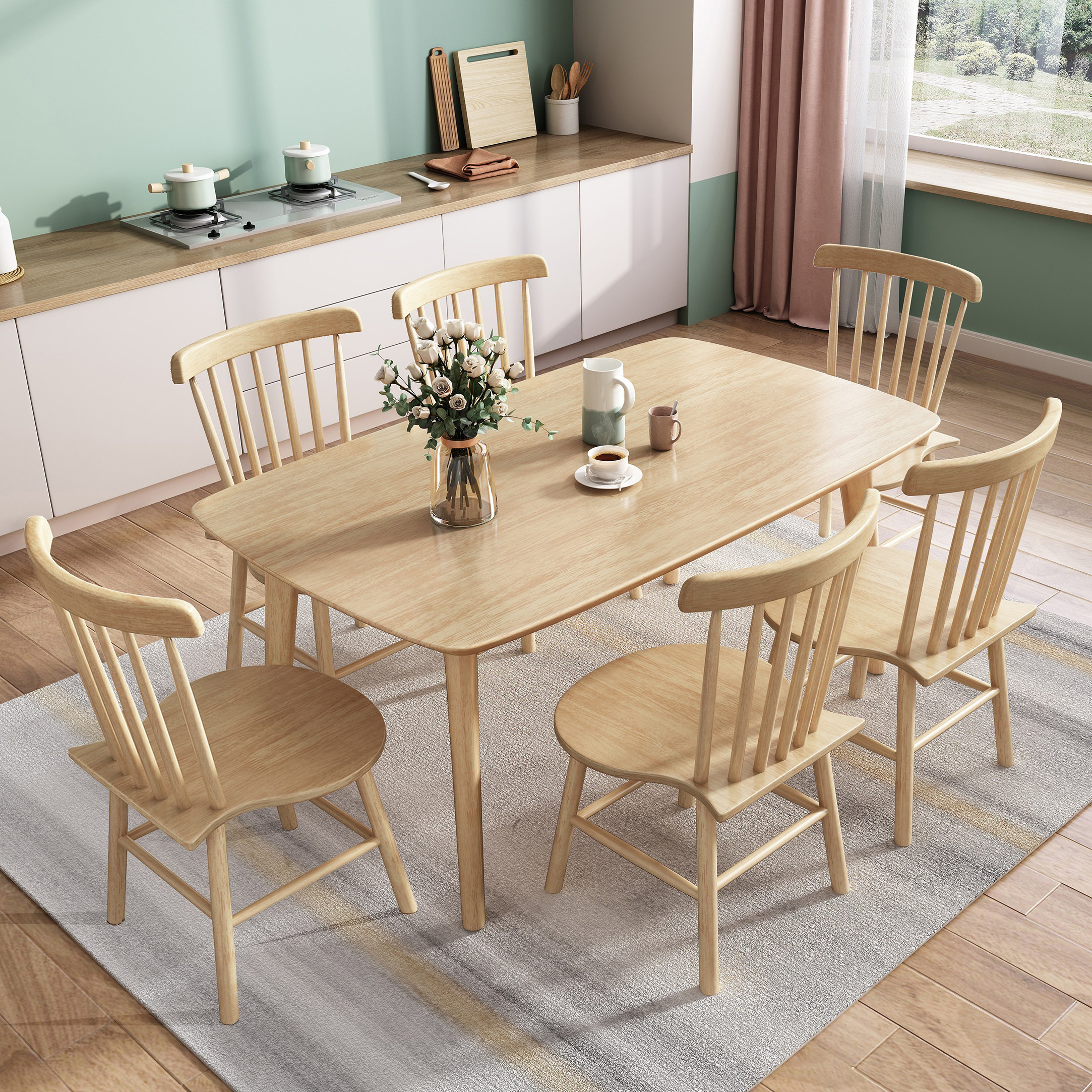 George Oliver 7-piece Solid Wood Dining Table Set Mid-Century Modern ...