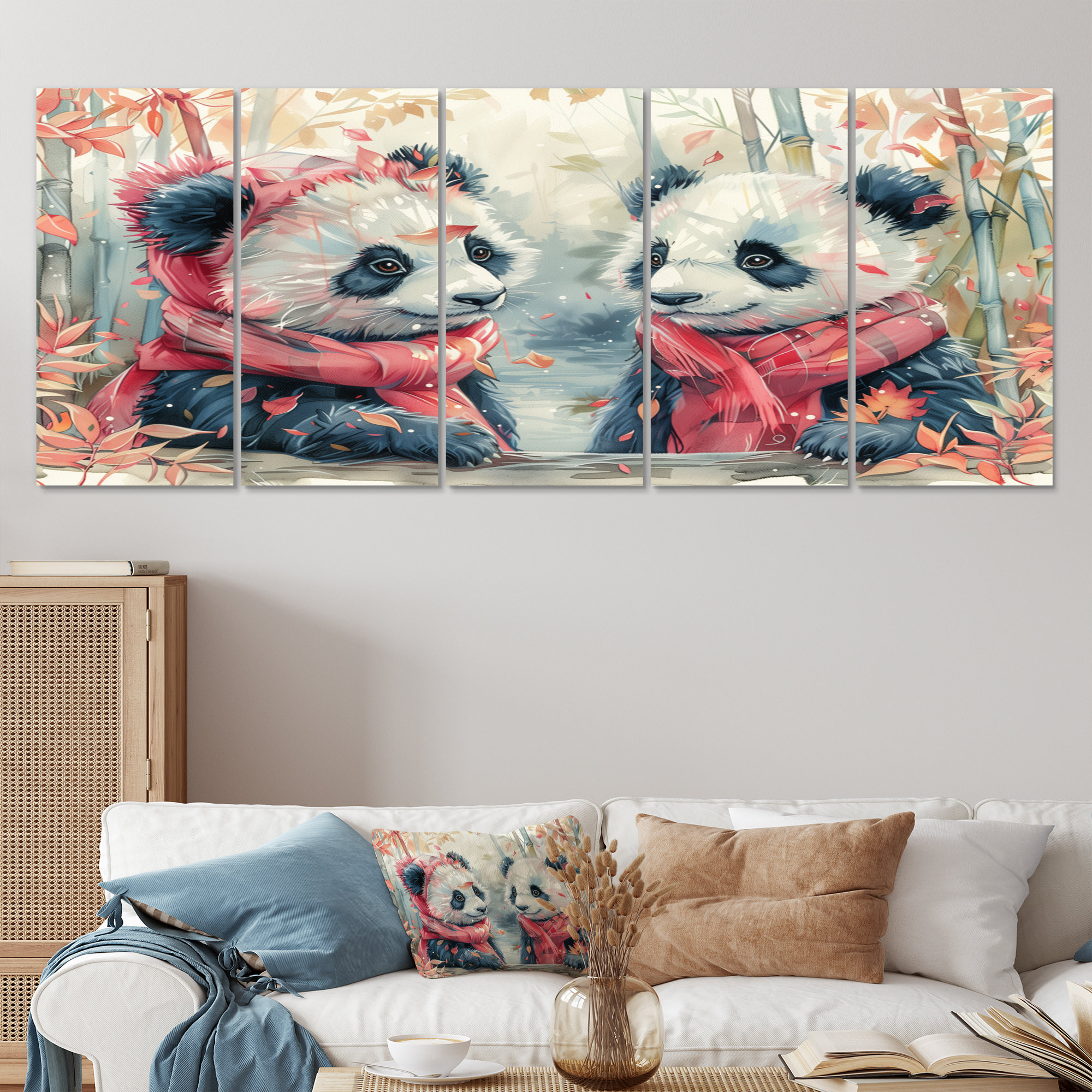 Design Art Pink Black Pandas Meadow II - Panda Animal Wall Decor Set ...