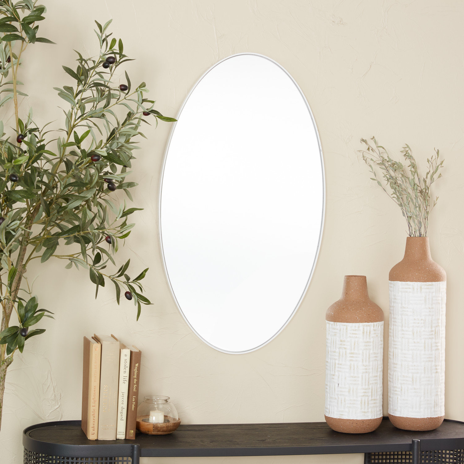 Latitude Run® Wooden Oval White Wall Mirror with Thin Minimalistic ...
