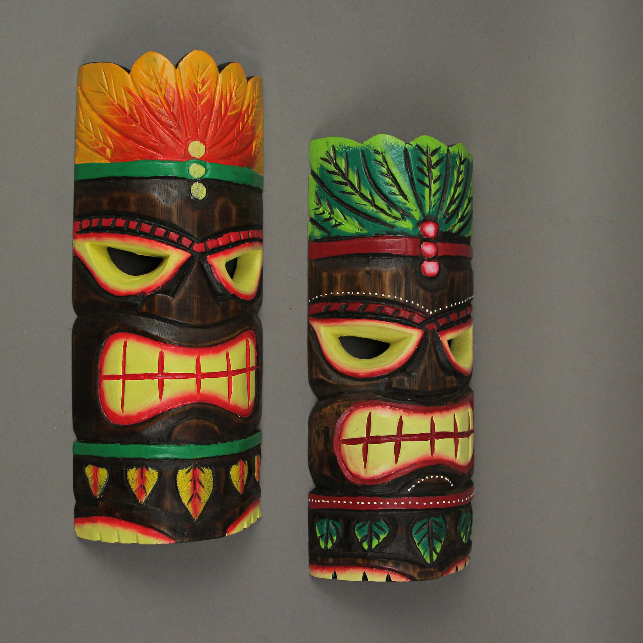 Bungalow Rose 12 Inch Hand Carved Natural Wood Tiki Mask Orange & Green ...