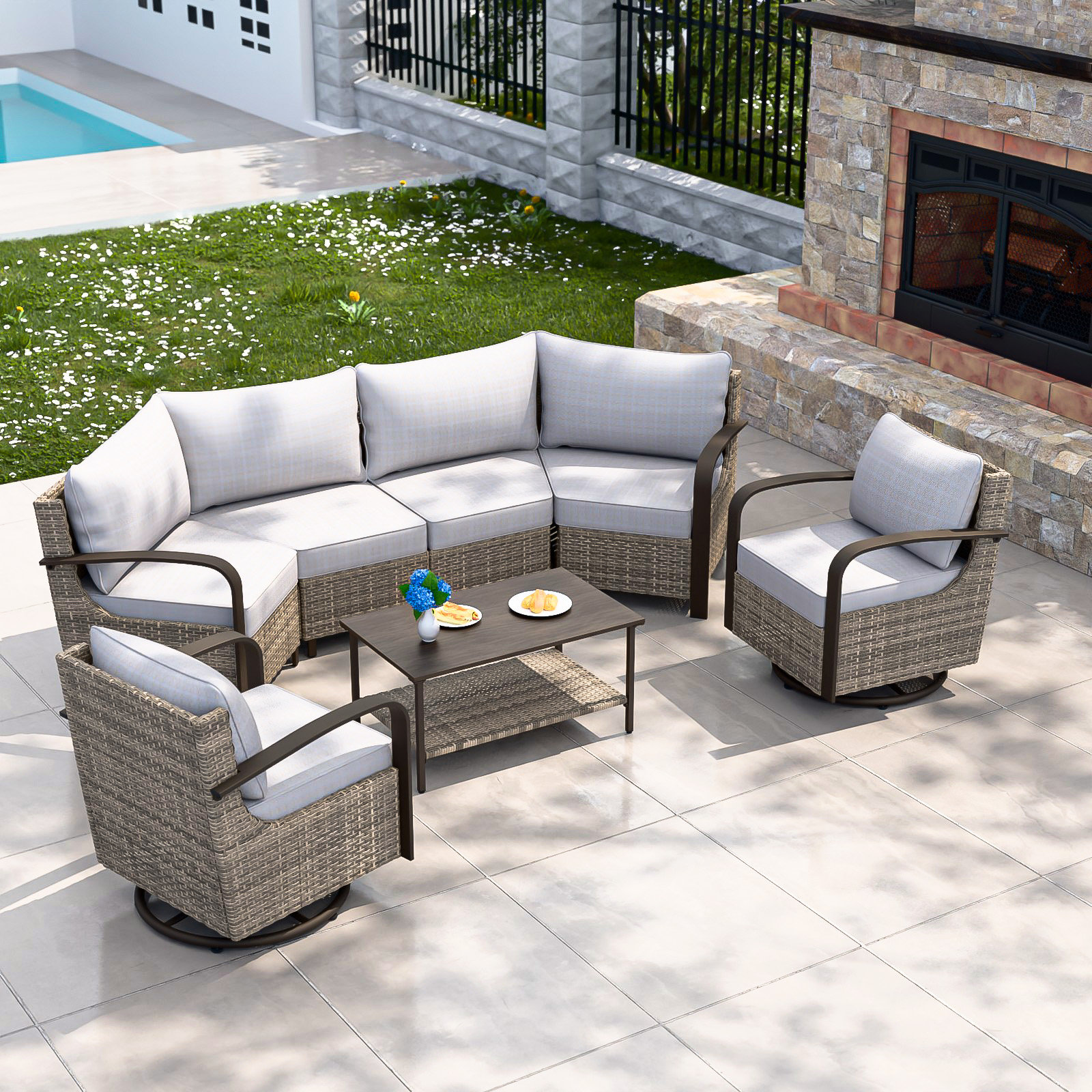 Latitude Run® 7-Person Patio Wicker Conversation Set Swivel Rocker ...