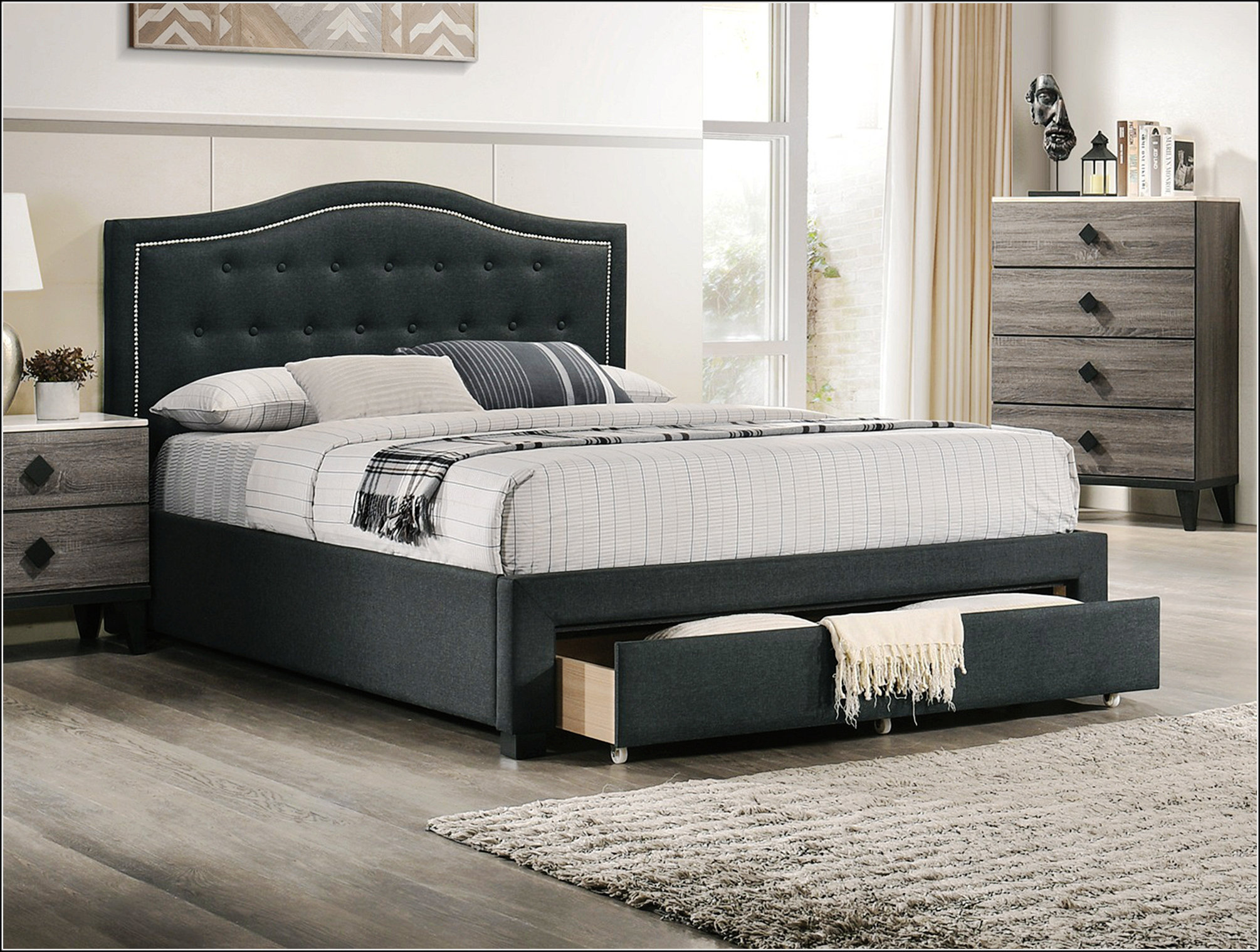 Rosdorf Park Burlap Fabric 1Pcs Bed W Drawer Button Tufted Arch Design ...