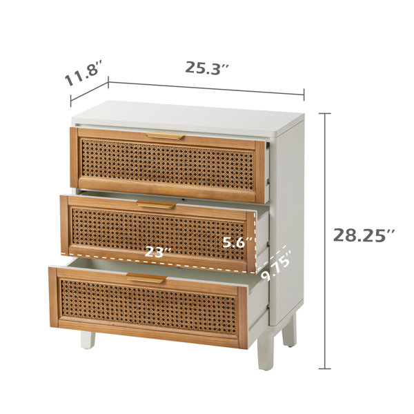 Bay Isle Home Aril 3-Drawer Woven Cane Front Accent Chest, Mid Century ...