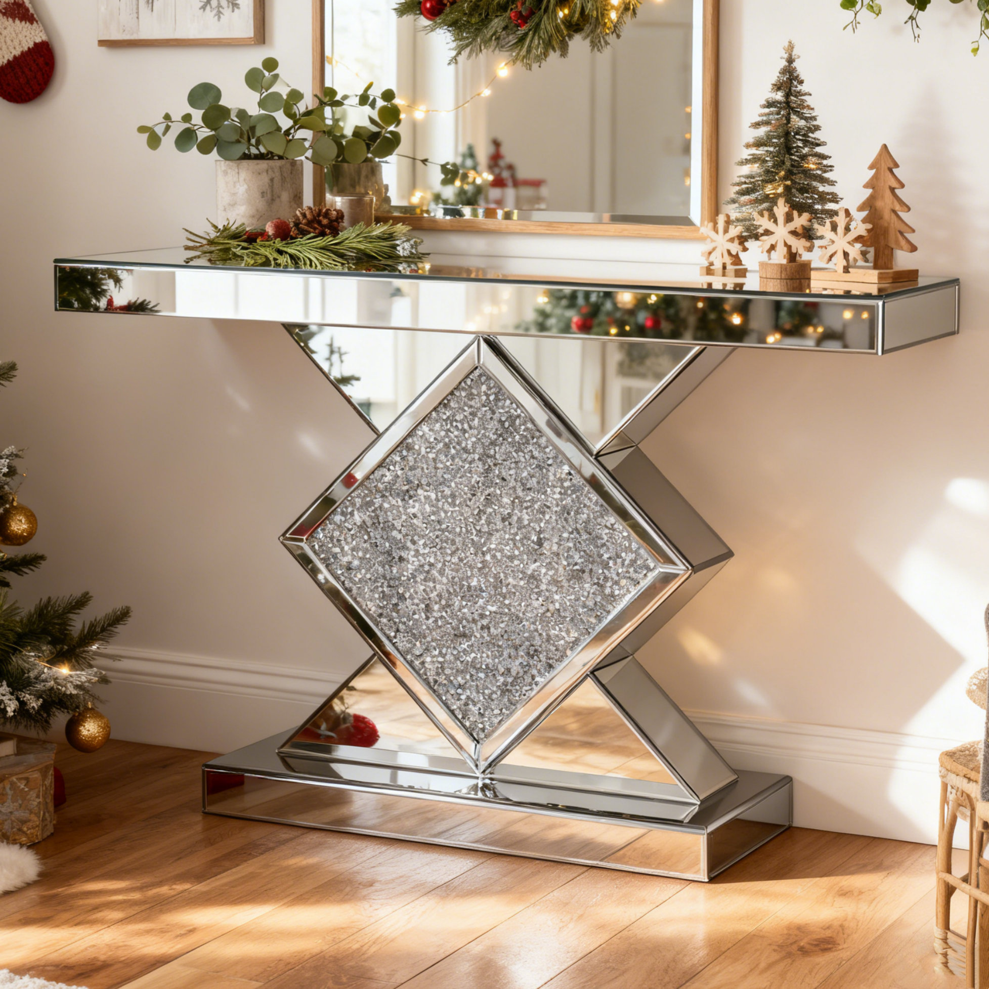 Everly Quinn Amla 47.25" Mirrored Glass Console Table Entryway Living ...