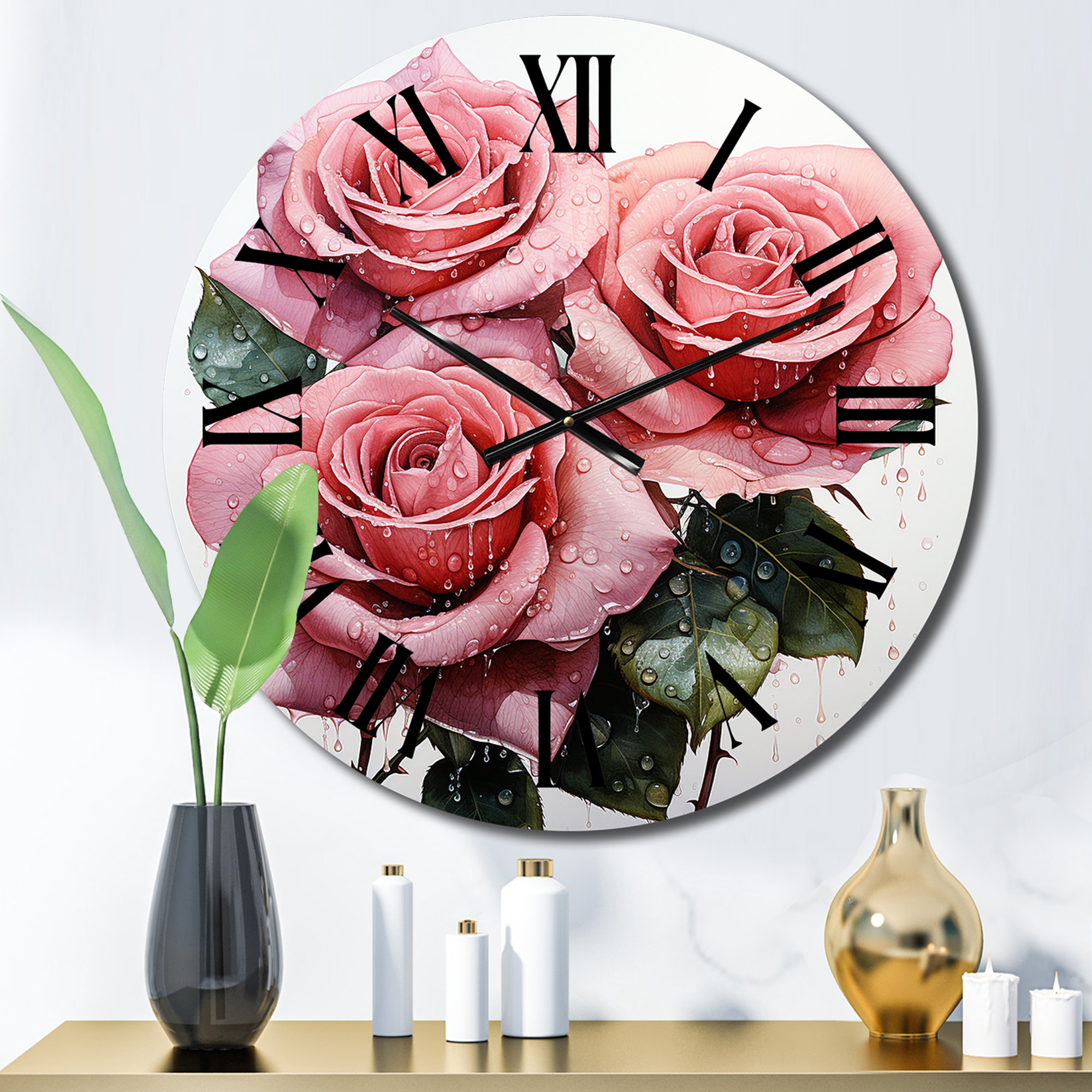 East Urban Home Pink Graceful Rose Pointillism I - Floral Wall Clock ...