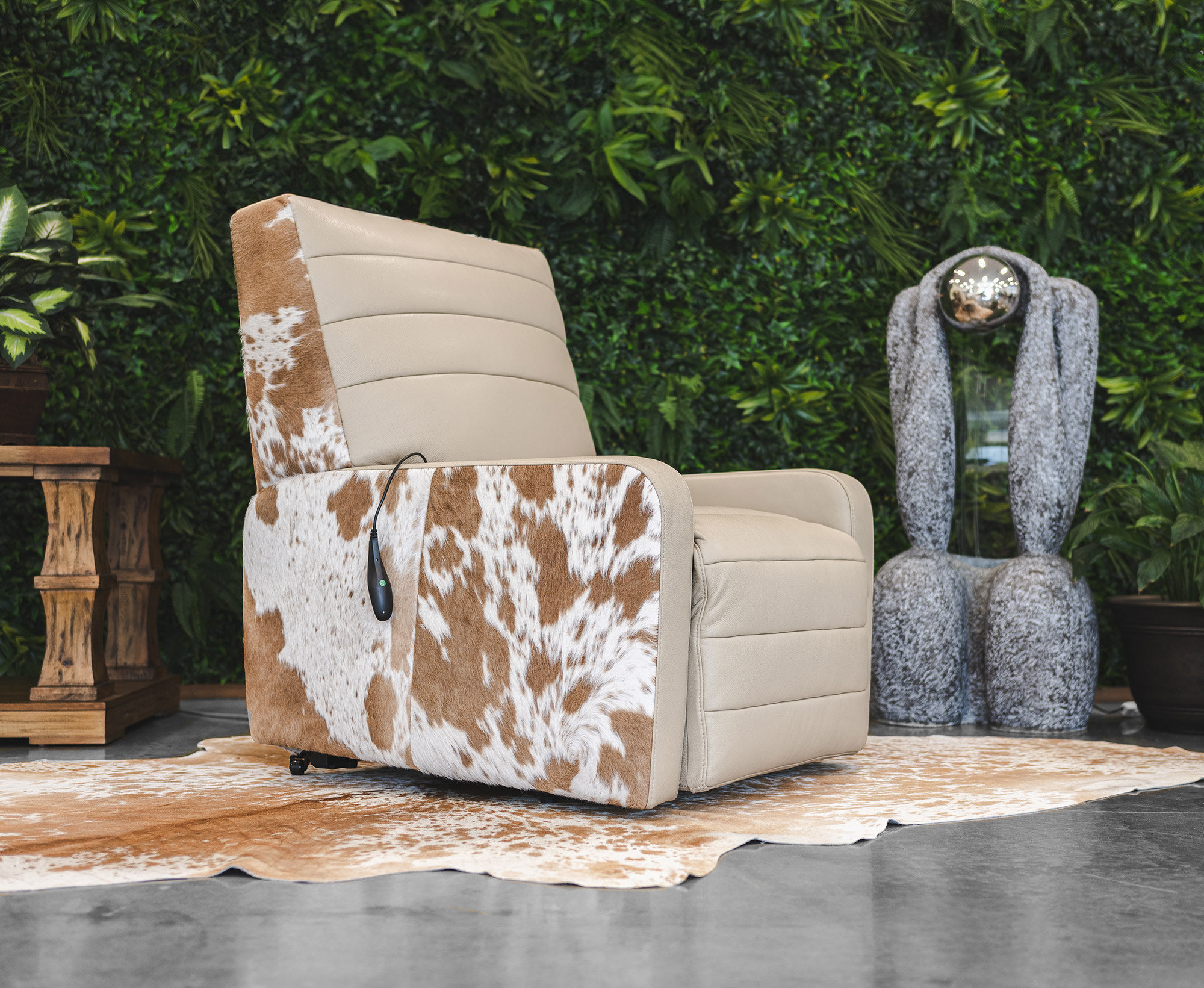 Foundry Select Leather Recliner Armchair With Cowhide Accent -Beige And ...