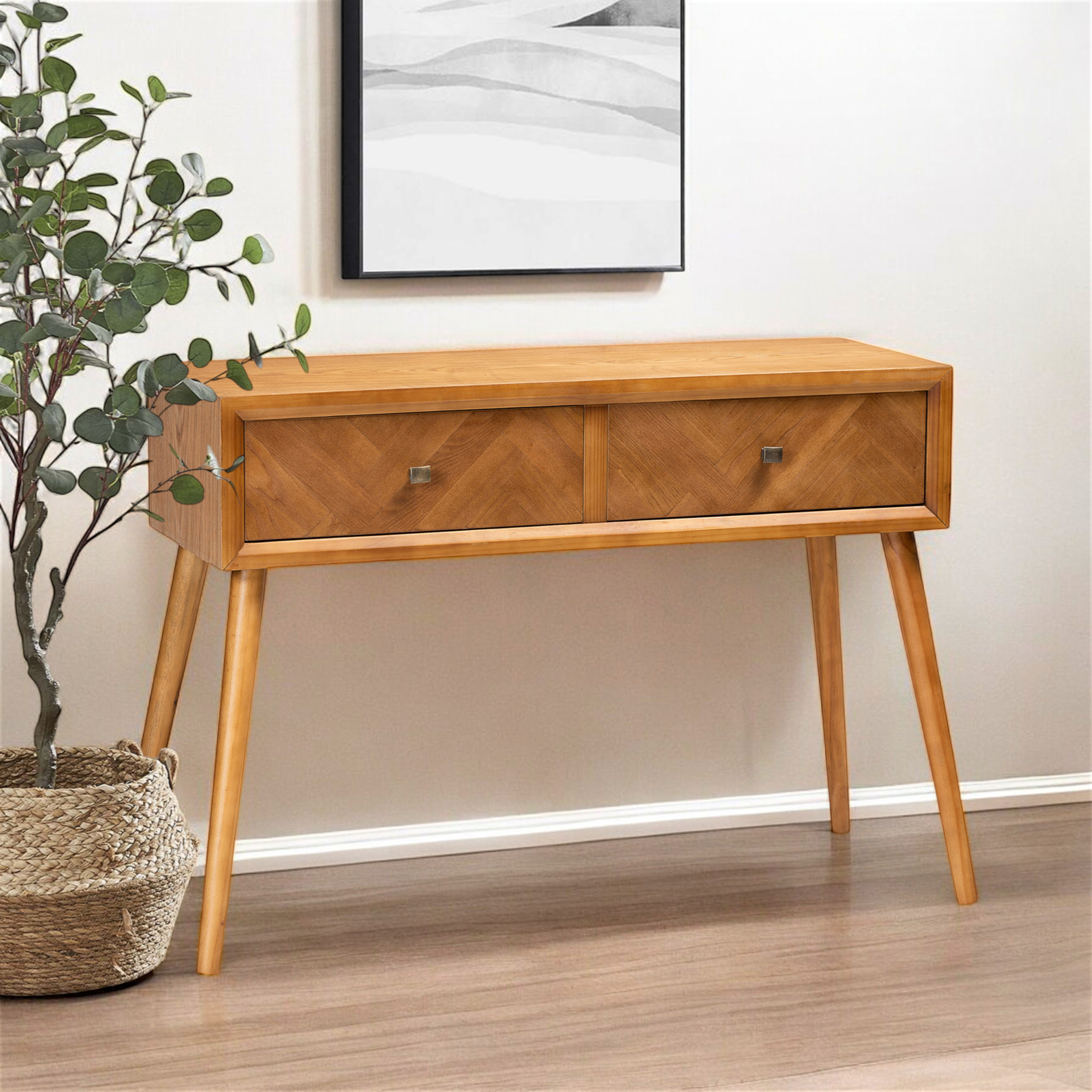 George Oliver Abel Natural Brown Finished Wood 2-drawer Console Table ...