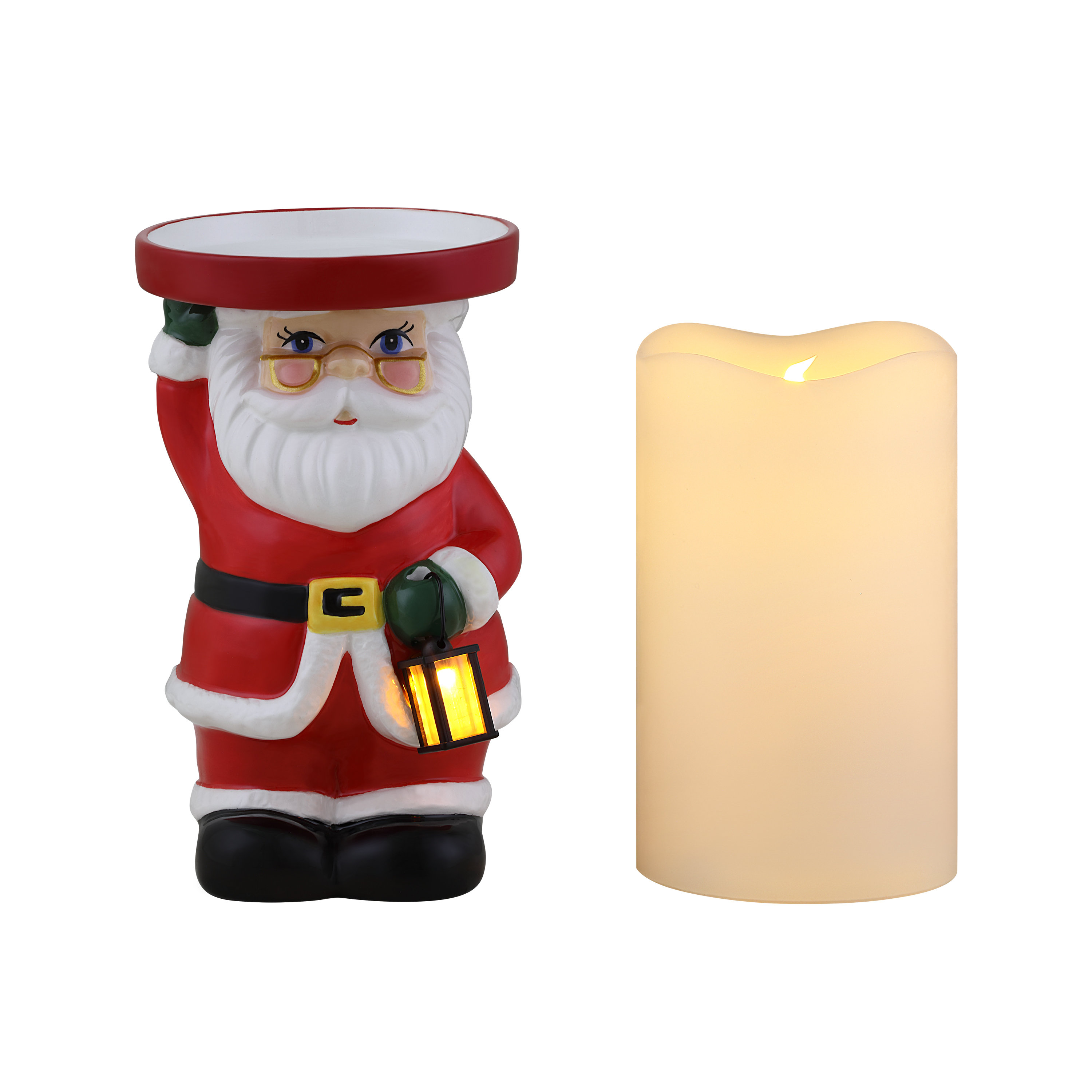 Mr. Christmas 6" Ceramic Lit Santa Candle Holder and Flameless Candle ...