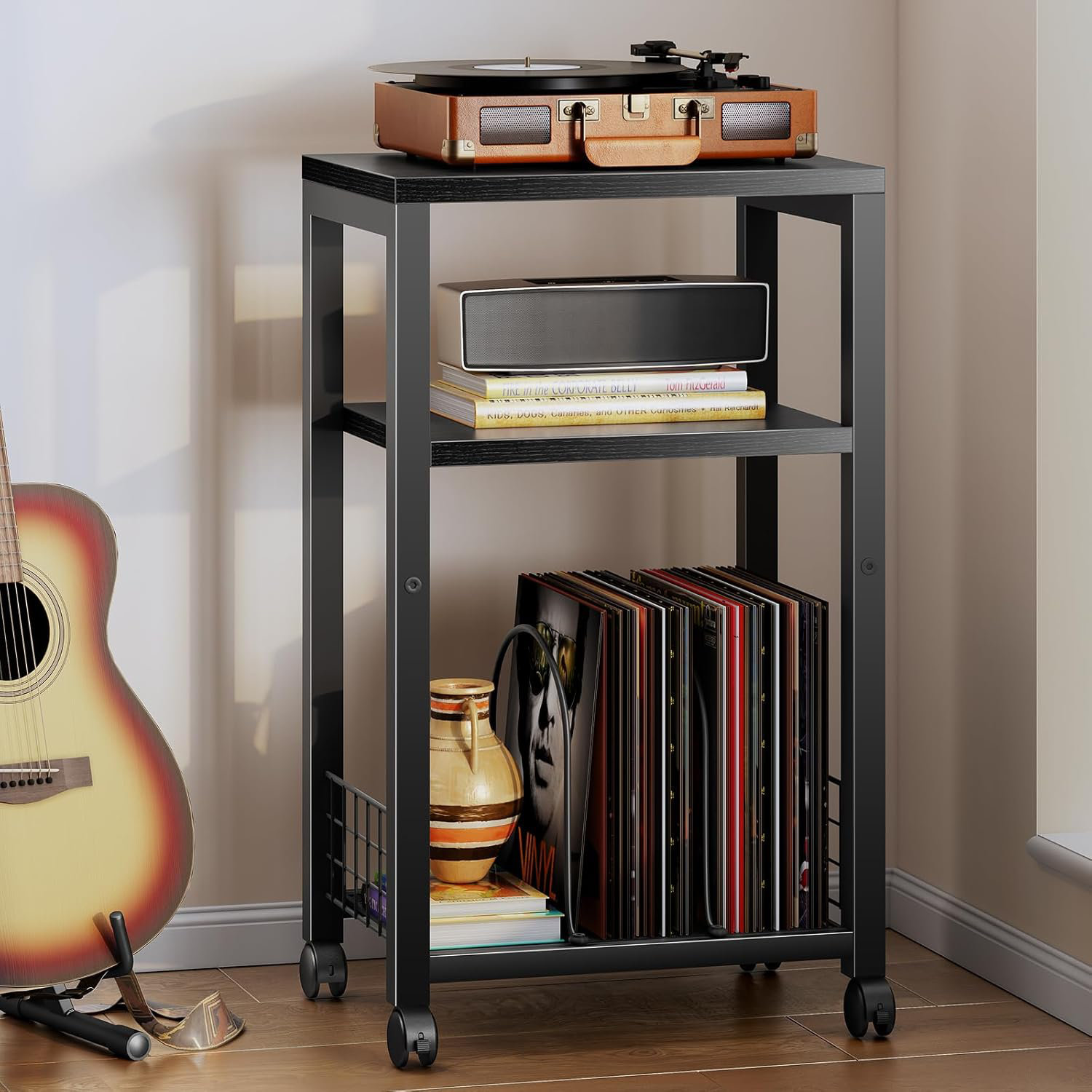 George Oliver 3-Tier Rolling Side Table With Records Shelf - Vintage ...