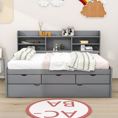 Red Barrel Studio® Ephinne 3 Drawers Wooden Platform Bed with Shelves ...