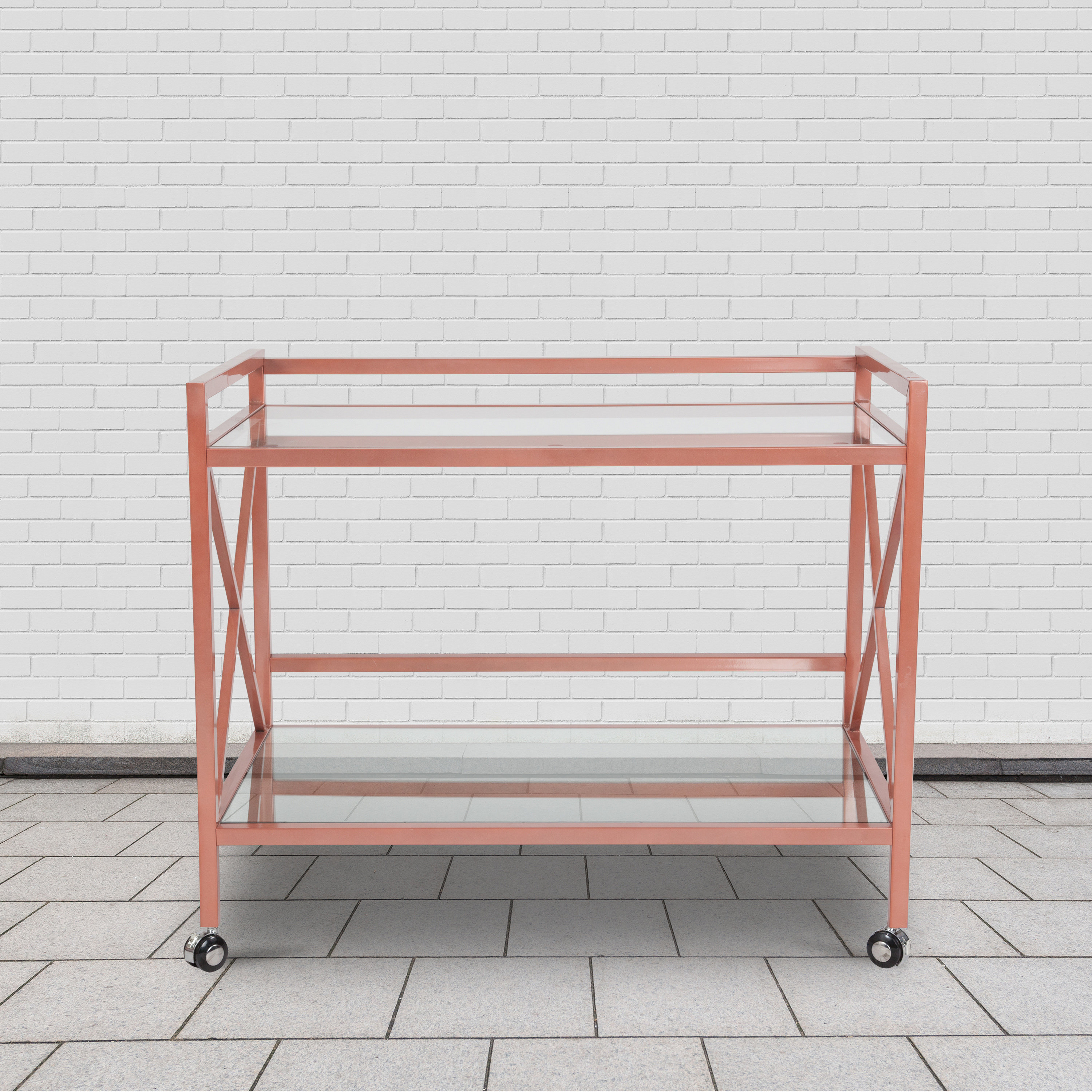 Mercer41 Lanier Rose Gold Metal Kitchen Bar Cart with Glass Shelves and ...