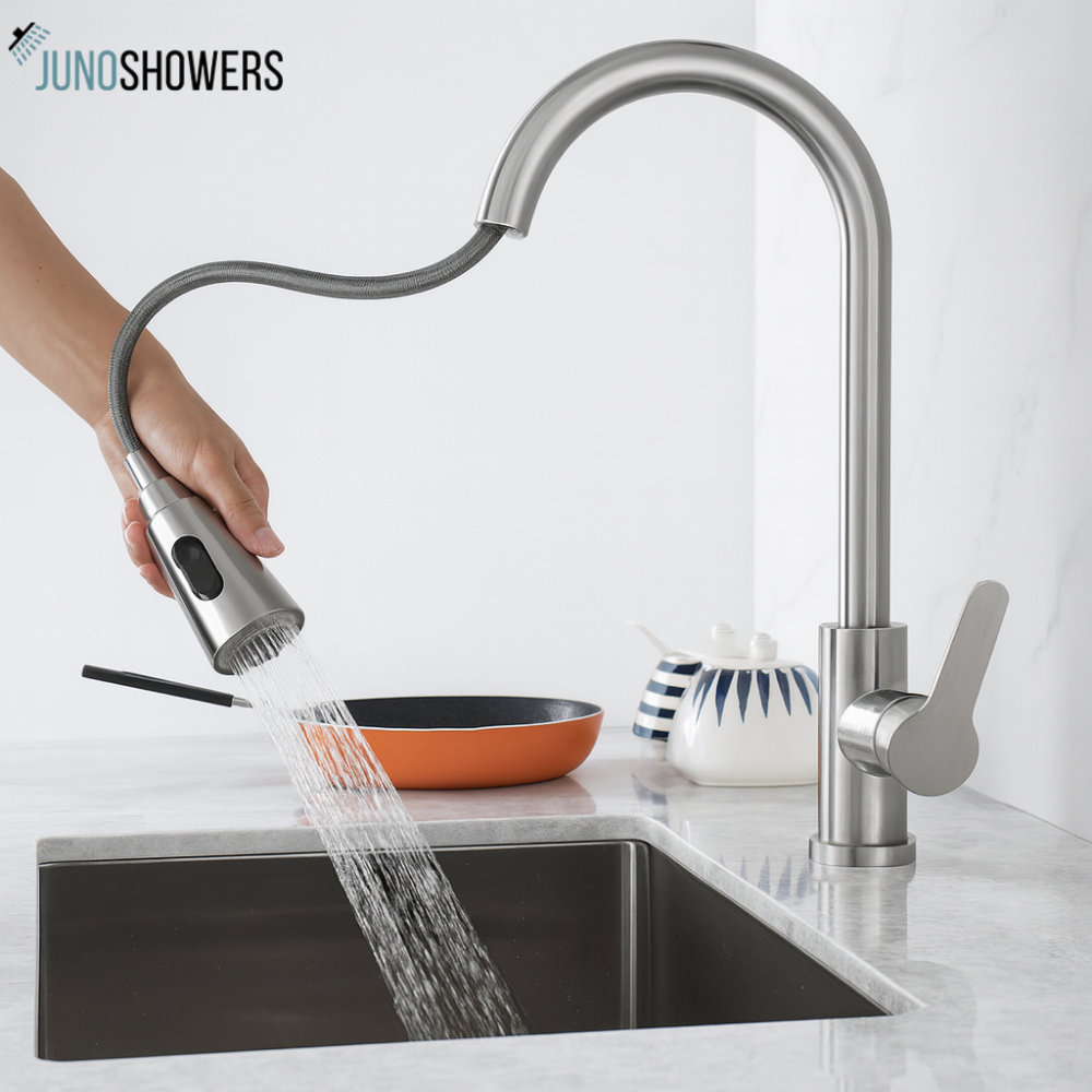 Juno Showers Juno Commercial Kitchen Brushed Nickel Faucet with Pull ...