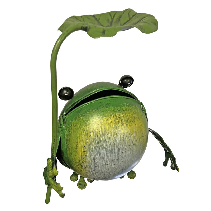 Arlmont & Co. Rustic Metal Frog Holding Leaf Umbrella Rain Gauge Garden ...