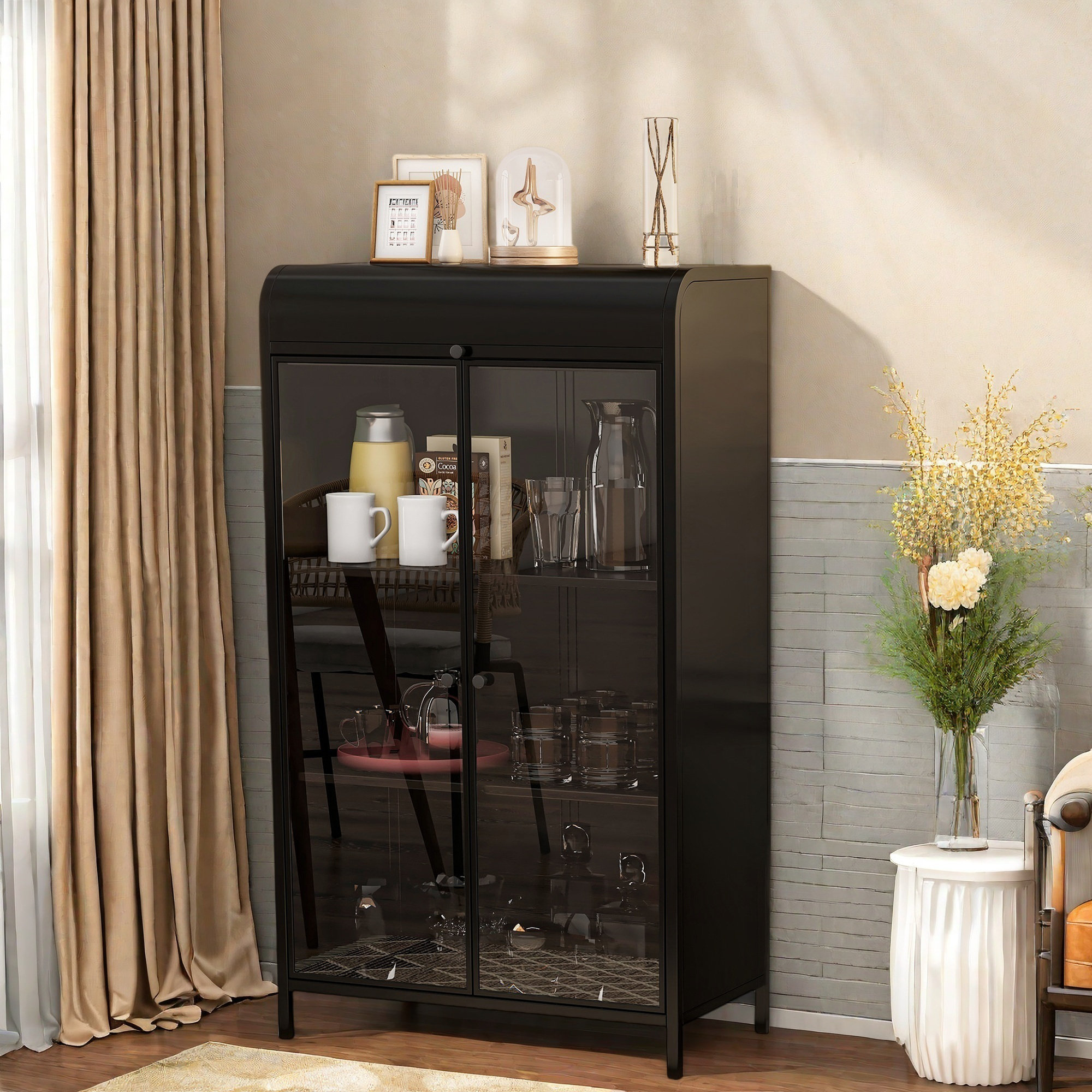 Ebern Designs Tall Metal Sideboard With Glass Doors & Flip-top, 4-tier ...