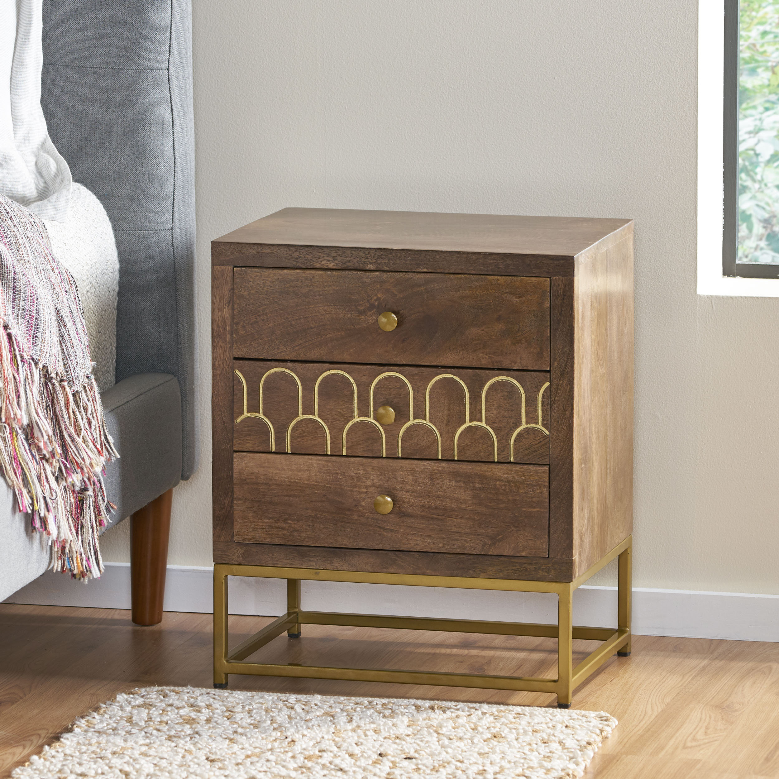 Loon Peak® Three-Drawer Mango Wood Side Table with Scale Design and Mid ...